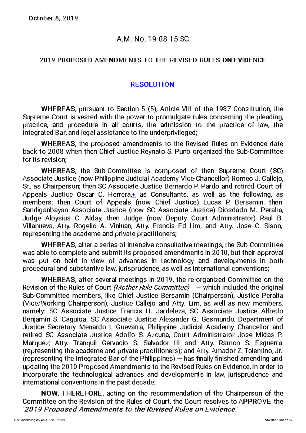 Amended - Evidence Codal - October 8, 2019October 8, 2019 A. No. 19-08 ...