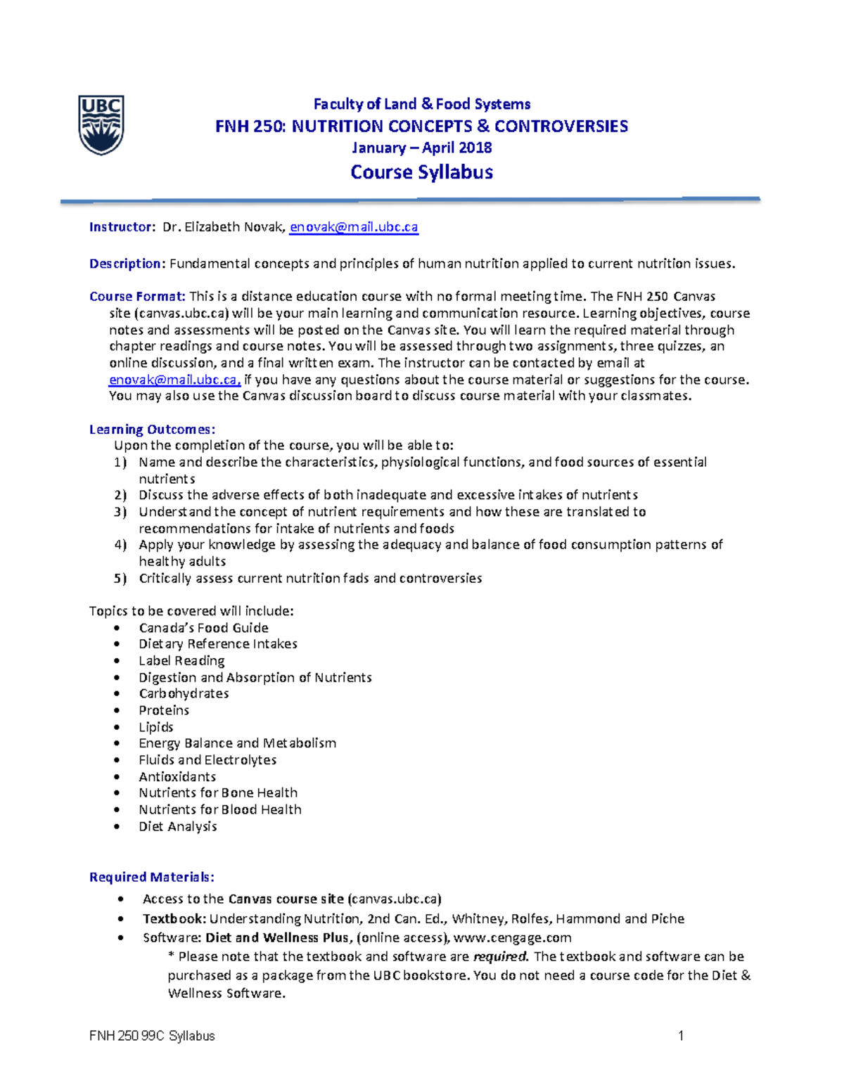 FNH 250 Syllabus 2018 - Warning: TT: undefined function: 22 Warning: TT: undefined function: 23 ...