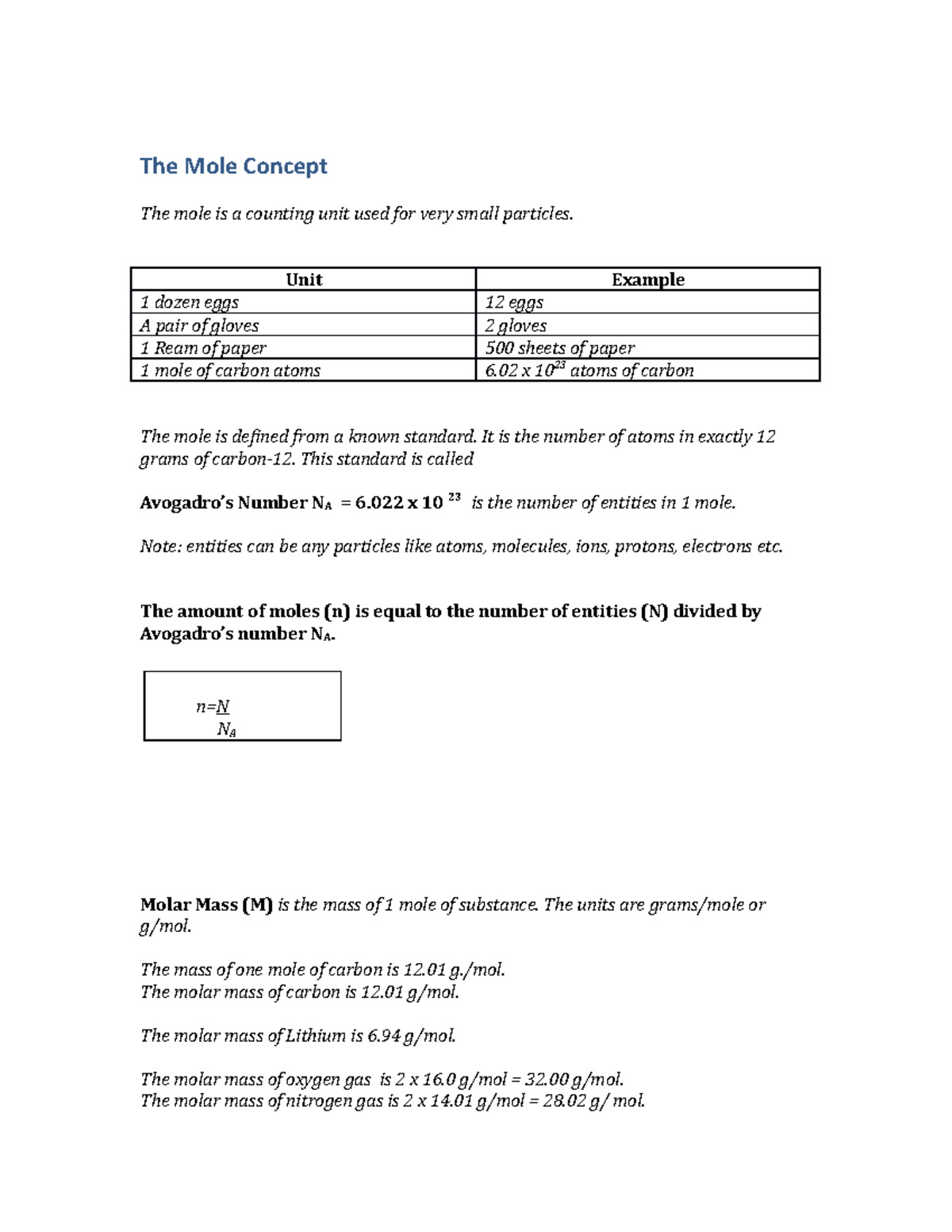 The Mole Concept - Moles - The Mole Concept The mole is a counting unit ...