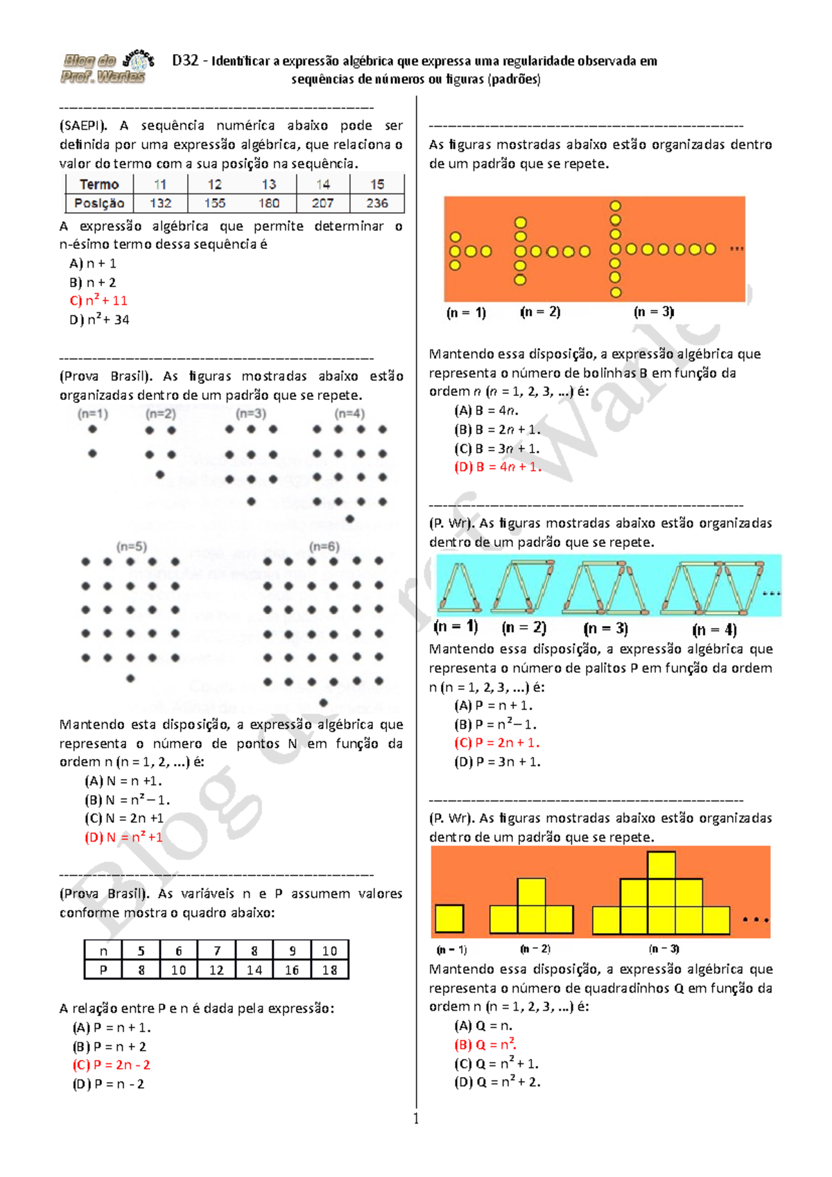D32 (9º ANO - Mat.) - Blog do Prof. Warles - sequências de números ou figuras (padrões) (SAEPI ...