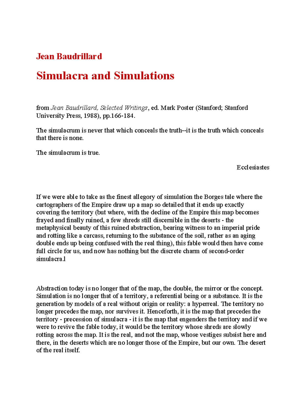 Simulacra and Simulations - Jean Baudrillard Simulacra and Simulations ...