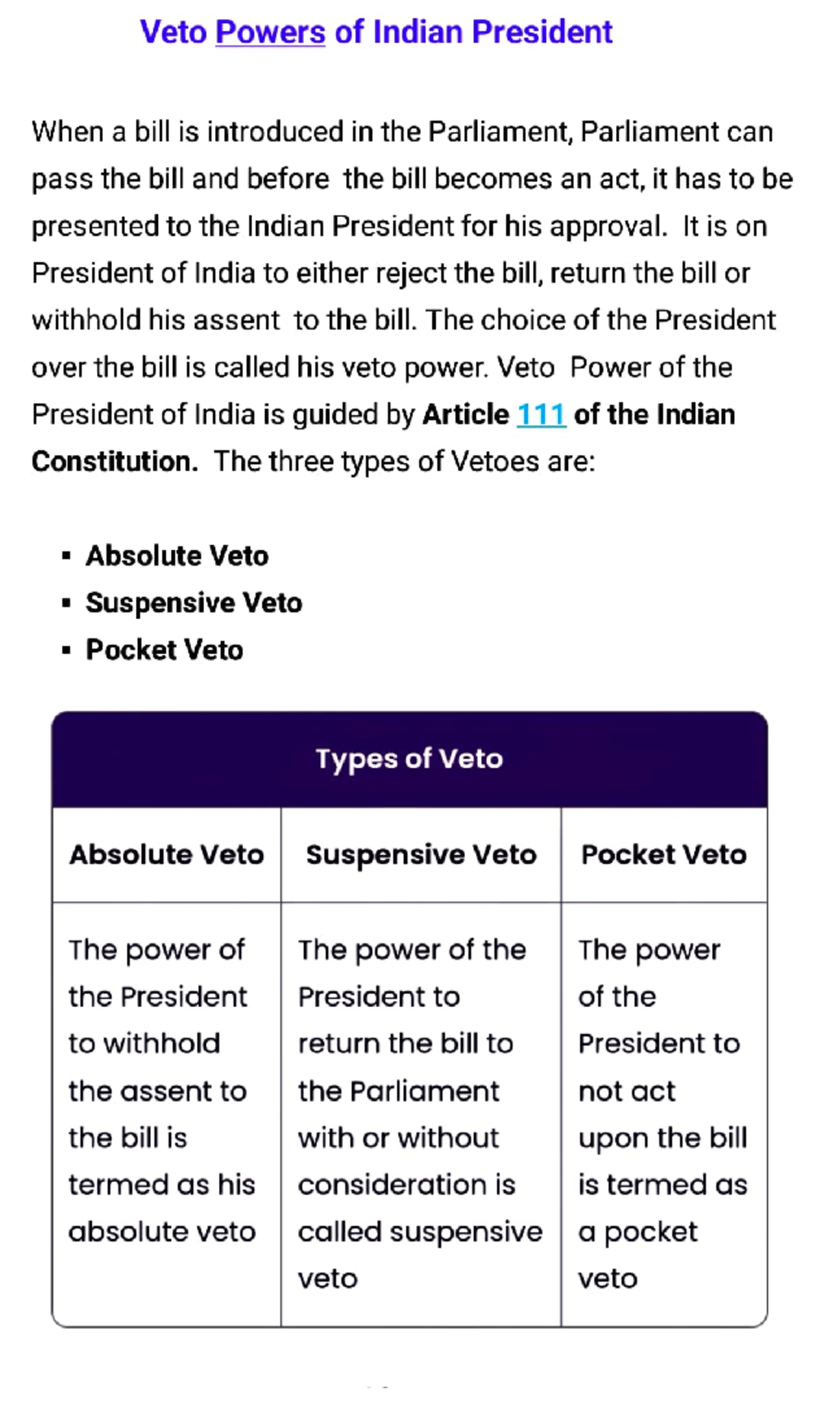 Veto Powers of the president - Veto Powers of Indian President When a ...