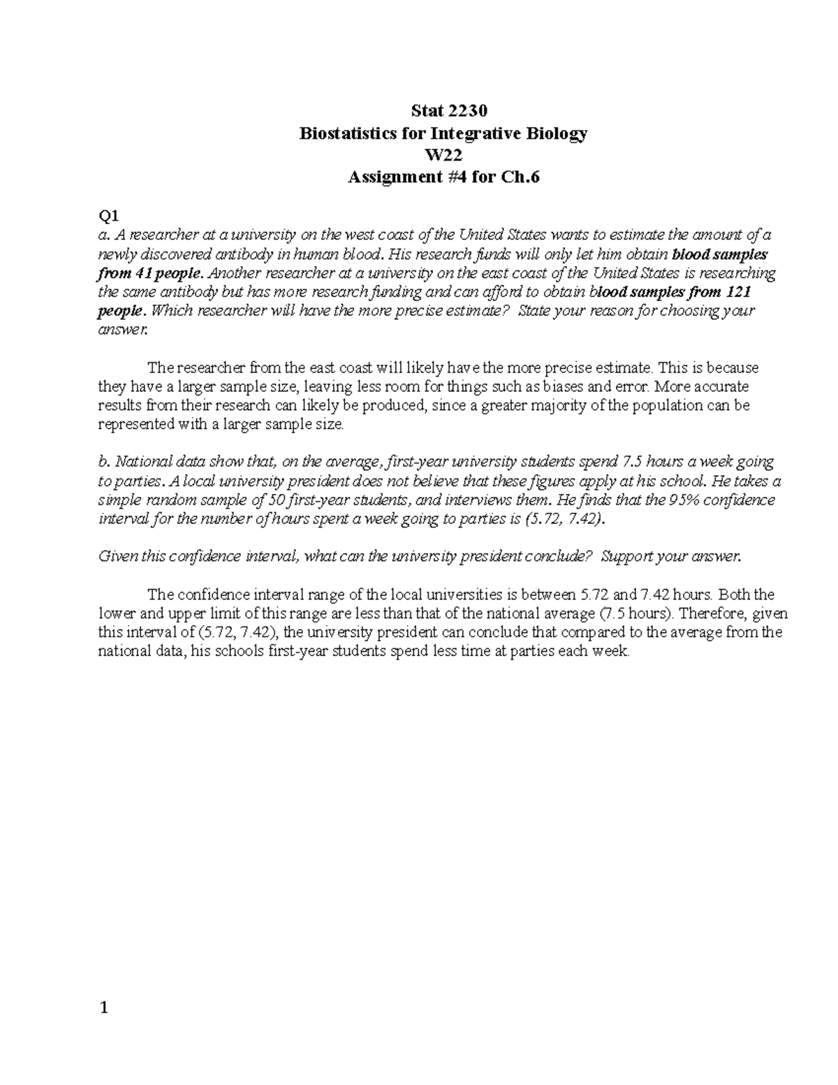 Assignment 4 W22 - Stat 2230 Biostatistics for Integrative Biology W Assignment #4 for Ch. Q a ...