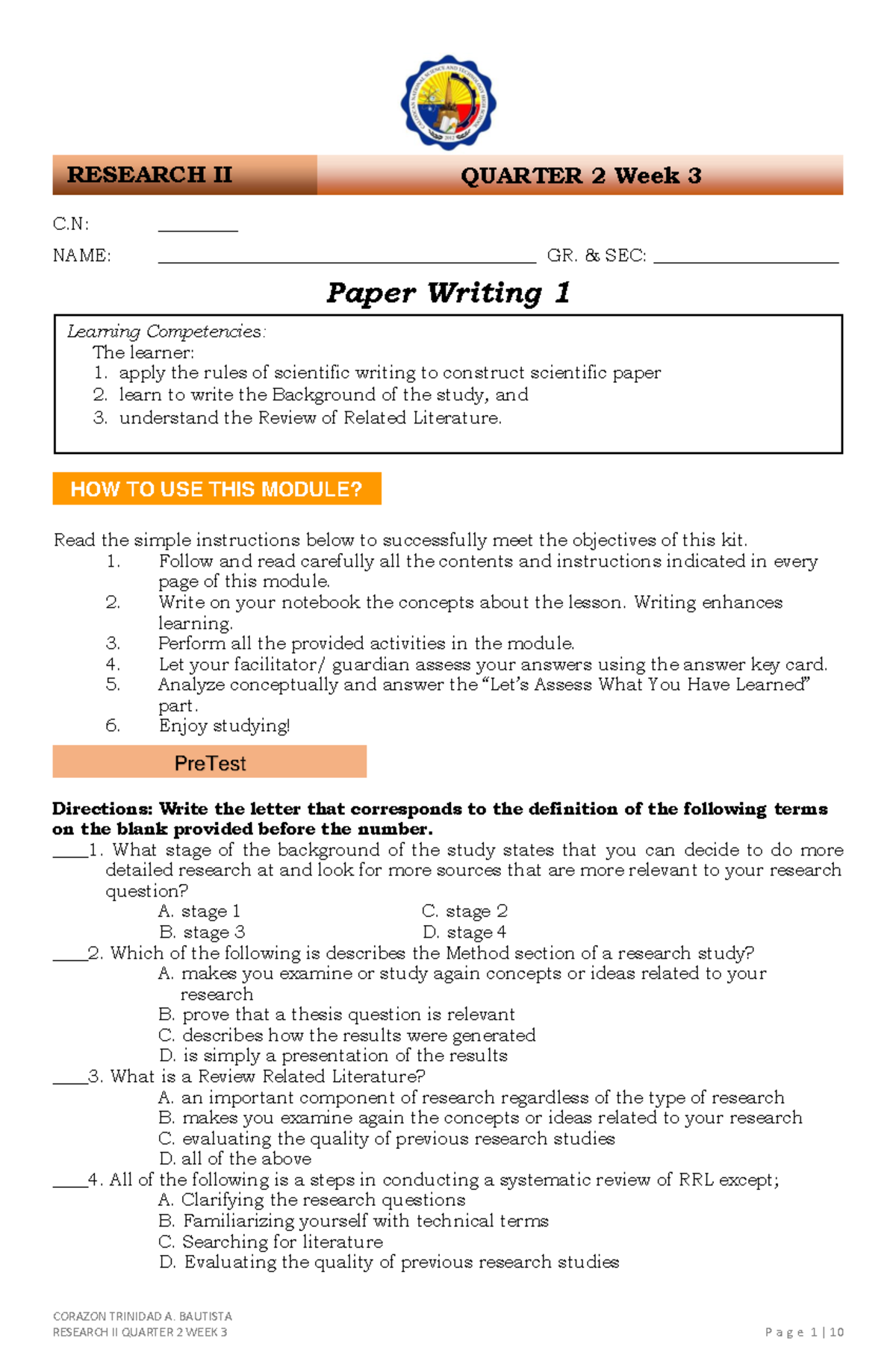 Q2 W3 Research-II Paper-Writing-1 - CORAZON TRINIDAD A. BAUTISTA C ...