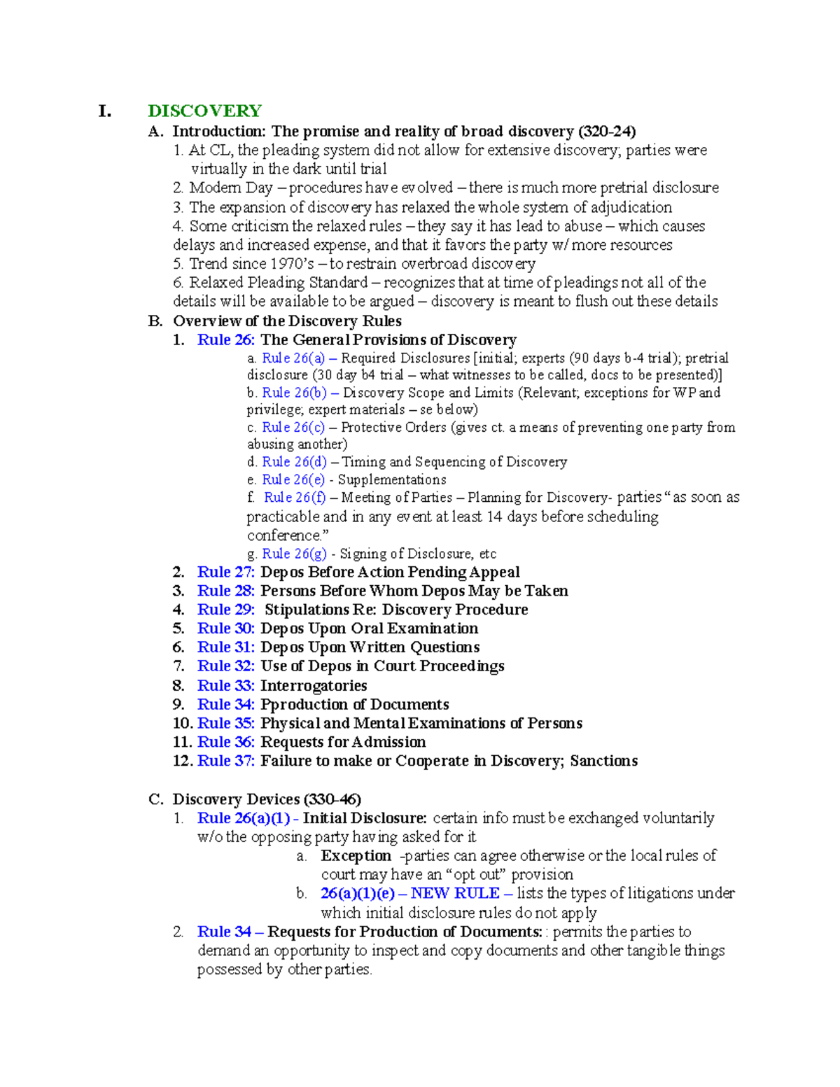 Civil Procedure - Prof Howard 3 - I. DISCOVERY A. Introduction: The ...