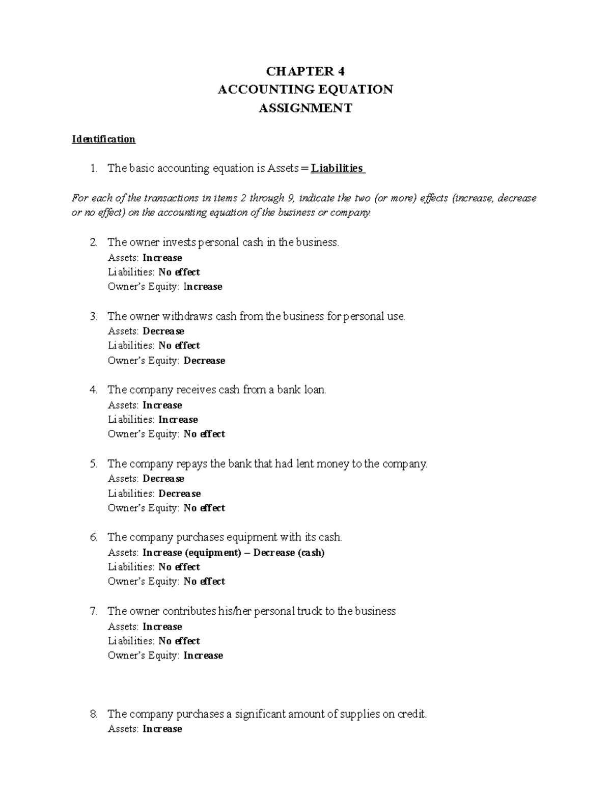 A2 CH 4 - Asign - Acctg. Equation - CHAPTER 4 ACCOUNTING EQUATION ...