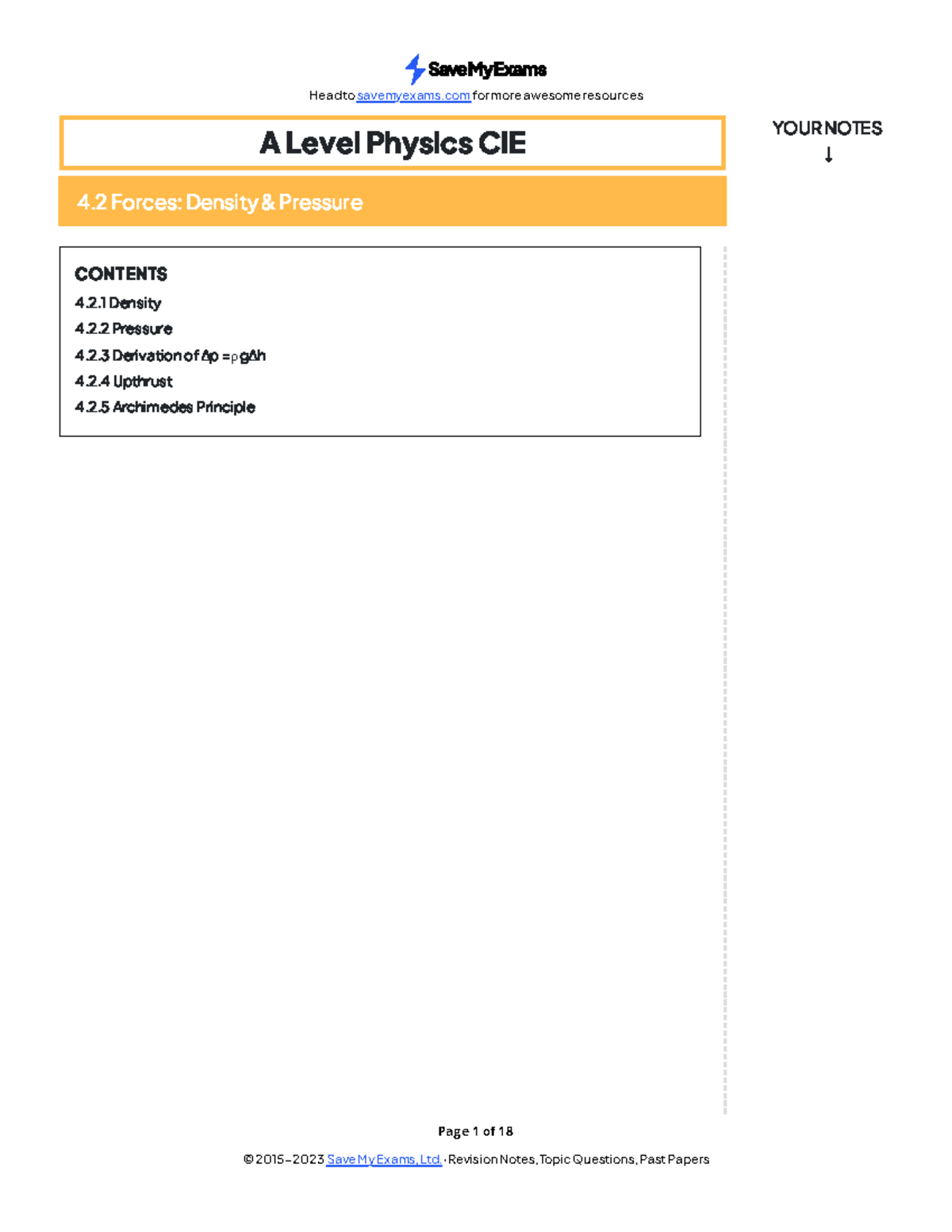 Density and Pressure - Page 1 of 18 A Level Physics CIE 4 Forces ...