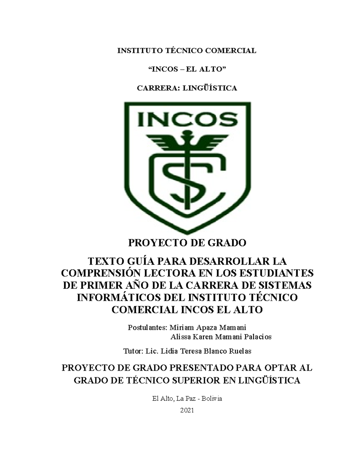 Proyecto Incos - INSTITUTO TÉCNICO COMERCIAL “INCOS – EL ALTO” CARRERA ...