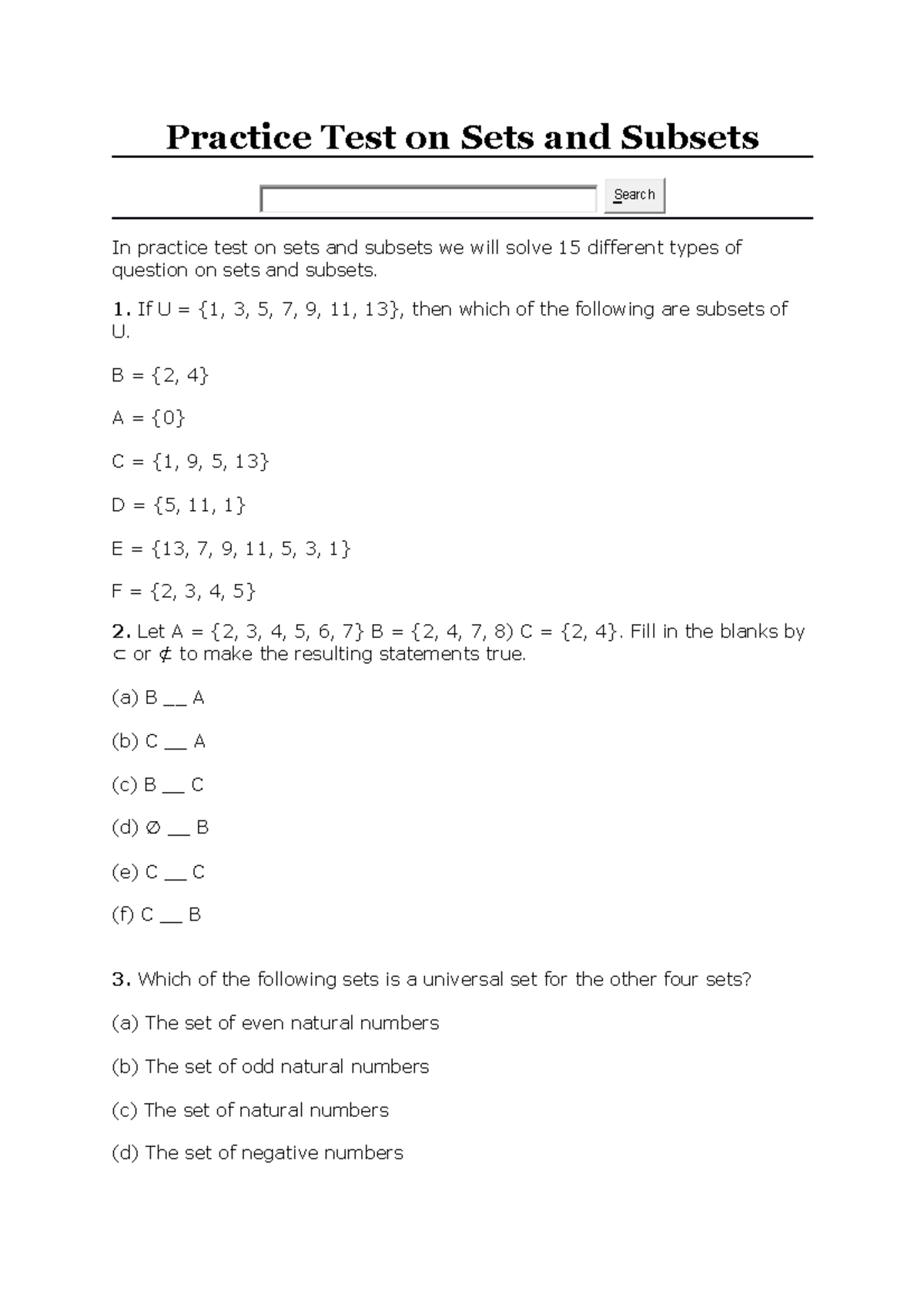 Sets And Subsets For Sets And Subset Practice Test On Sets And Subsets In Practice Test On
