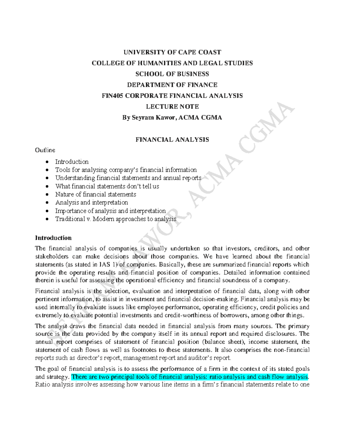 Lecture notes Corporate Financial Analysis 1&2 - UNIVERSITY OF CAPE ...