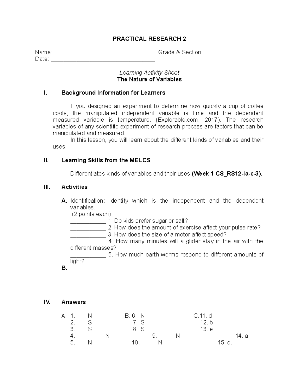PRACTICAL RESEARCH 2 learning act, sheet - PRACTICAL RESEARCH 2 Name ...