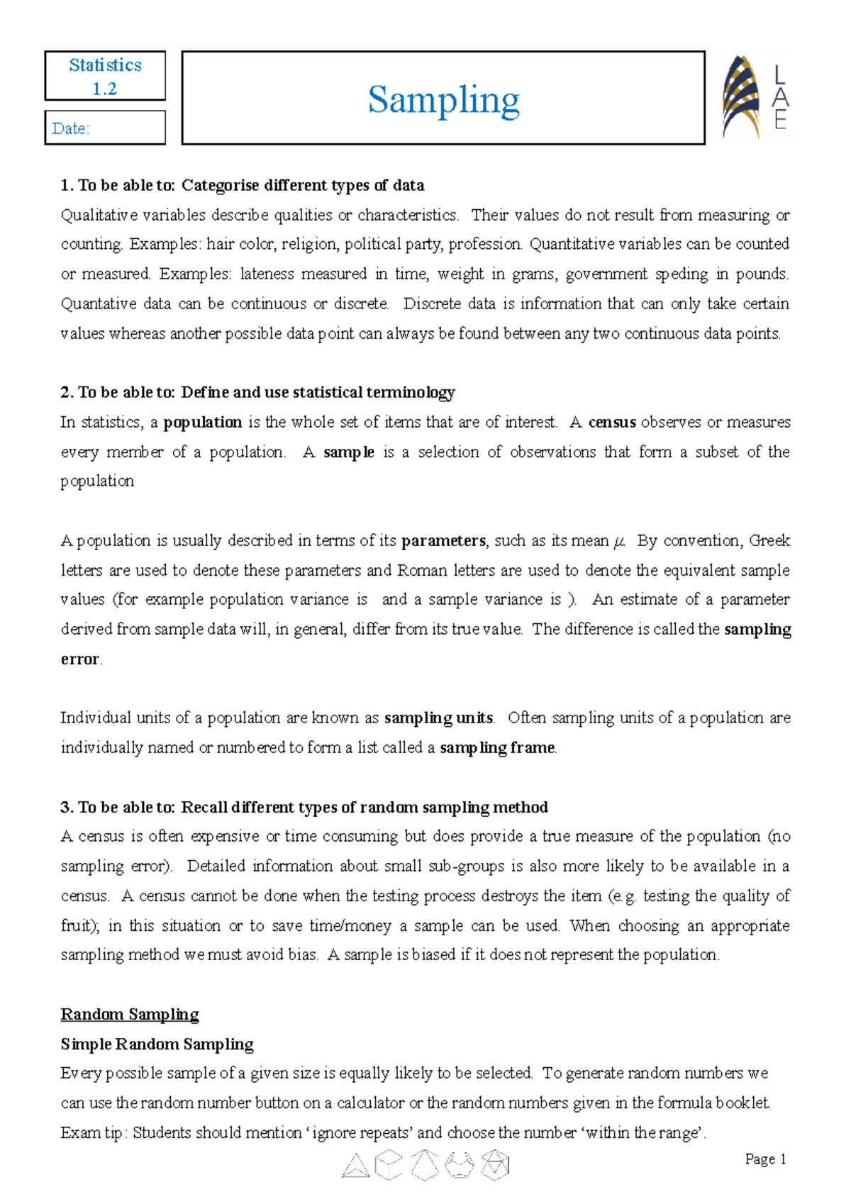 S12 Sampling Lecture Notes Statistics 1 Sampling Date 1 To Be