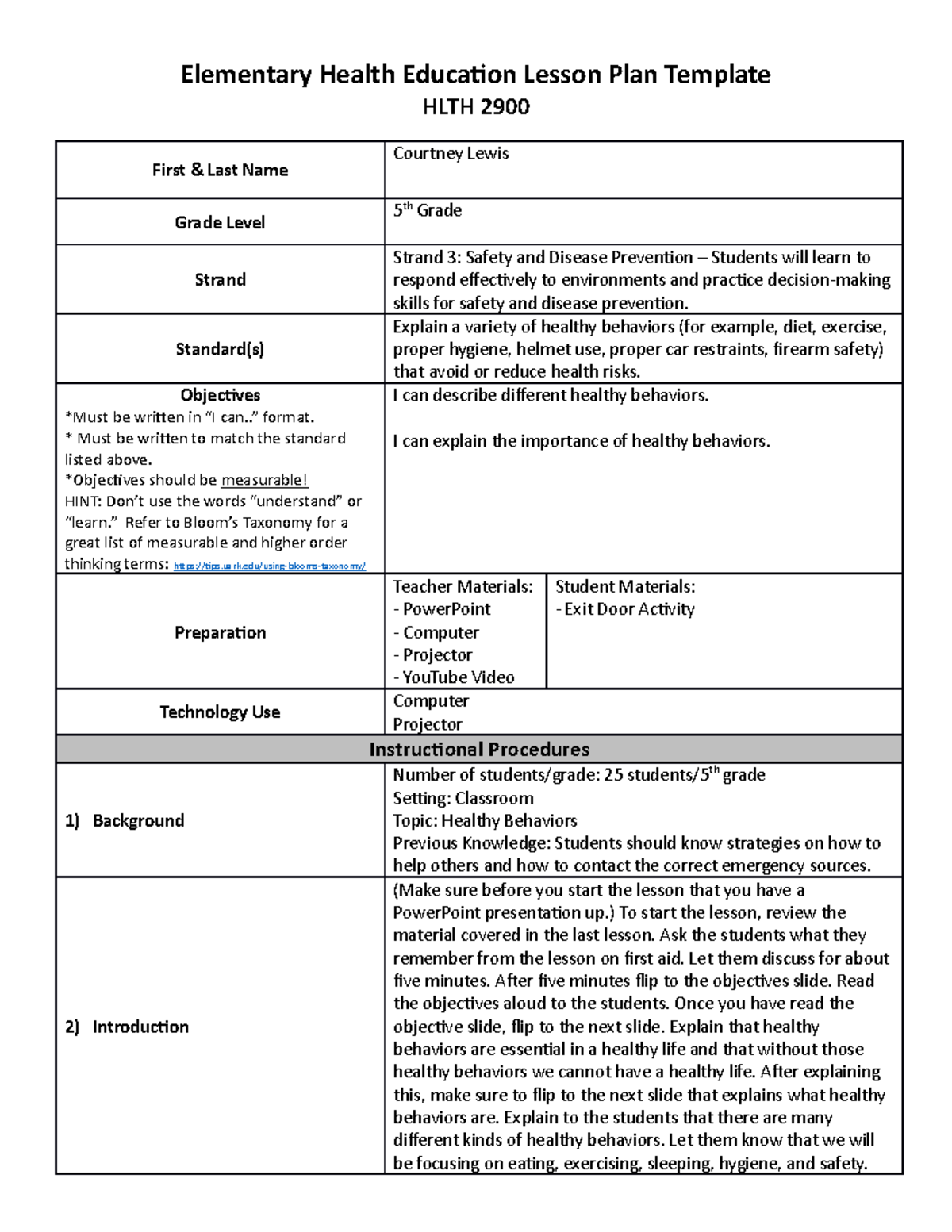 HLTH 2900 Lesson Plan Template-6 - Elementary Health Education Lesson ...