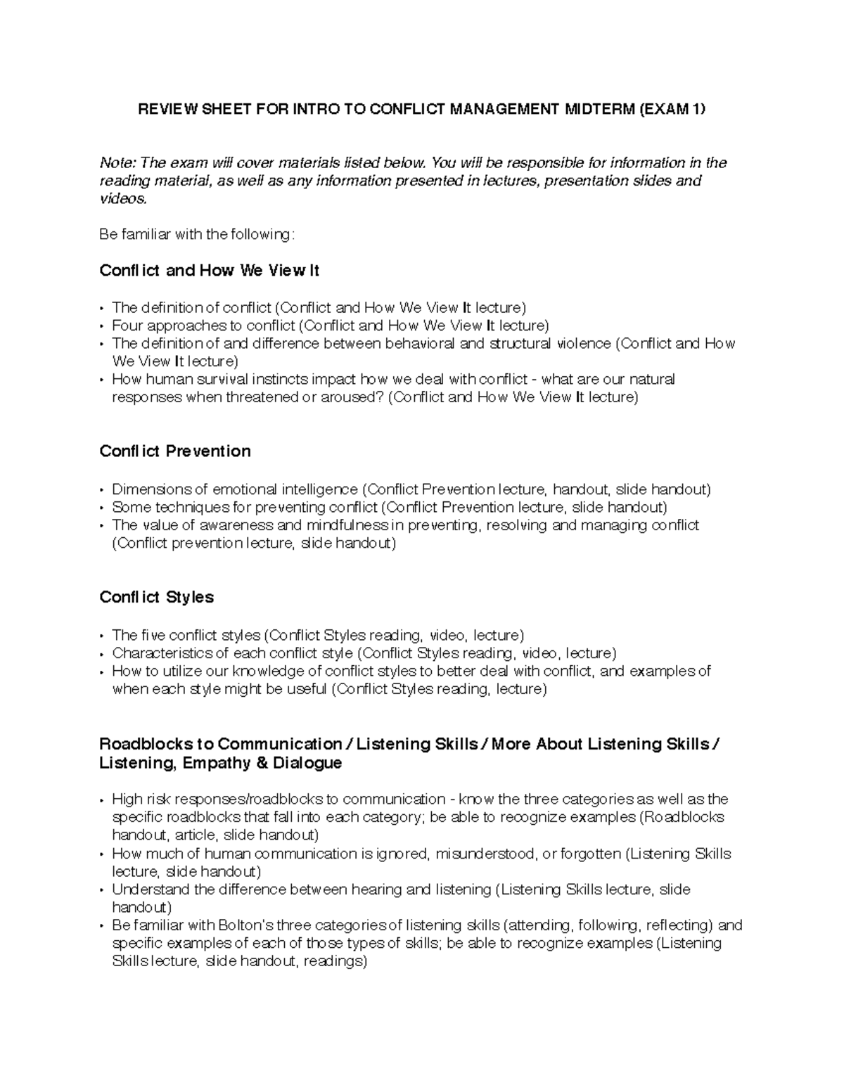 Exam 1 Review Sheet - REVIEW SHEET FOR INTRO TO CONFLICT MANAGEMENT ...