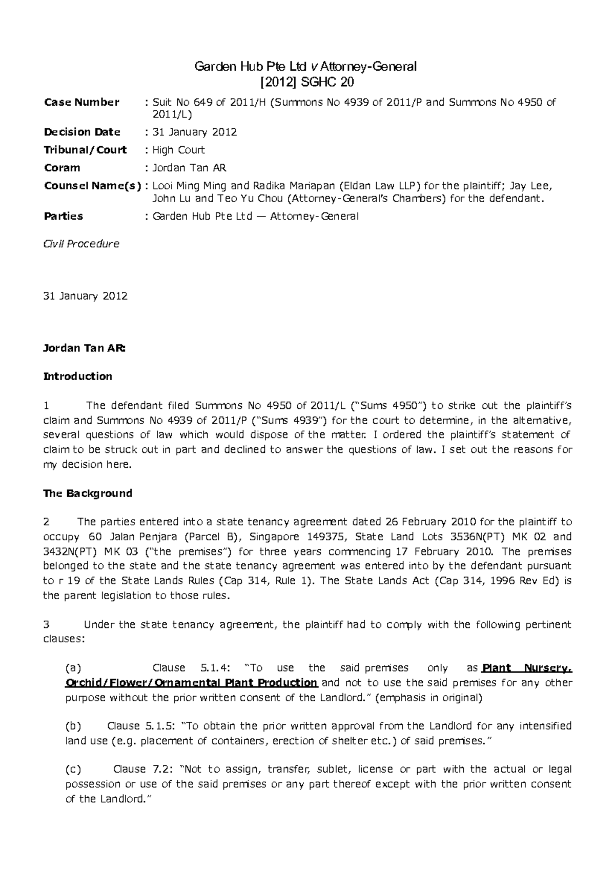 [2012 ] SGHC 20 - Article on summary judgement - Garden Hub Pte Ltd v ...