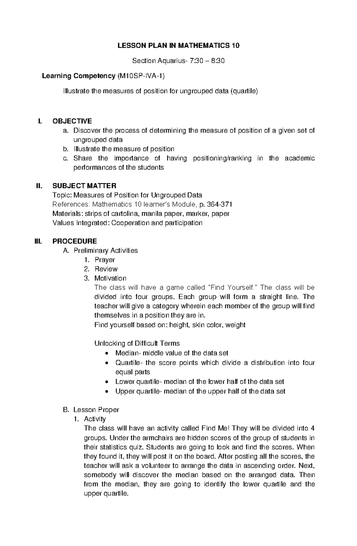 Toaz - Lesson plan - LESSON PLAN IN MATHEMATICS 10 Section Aquarius- 7: ...