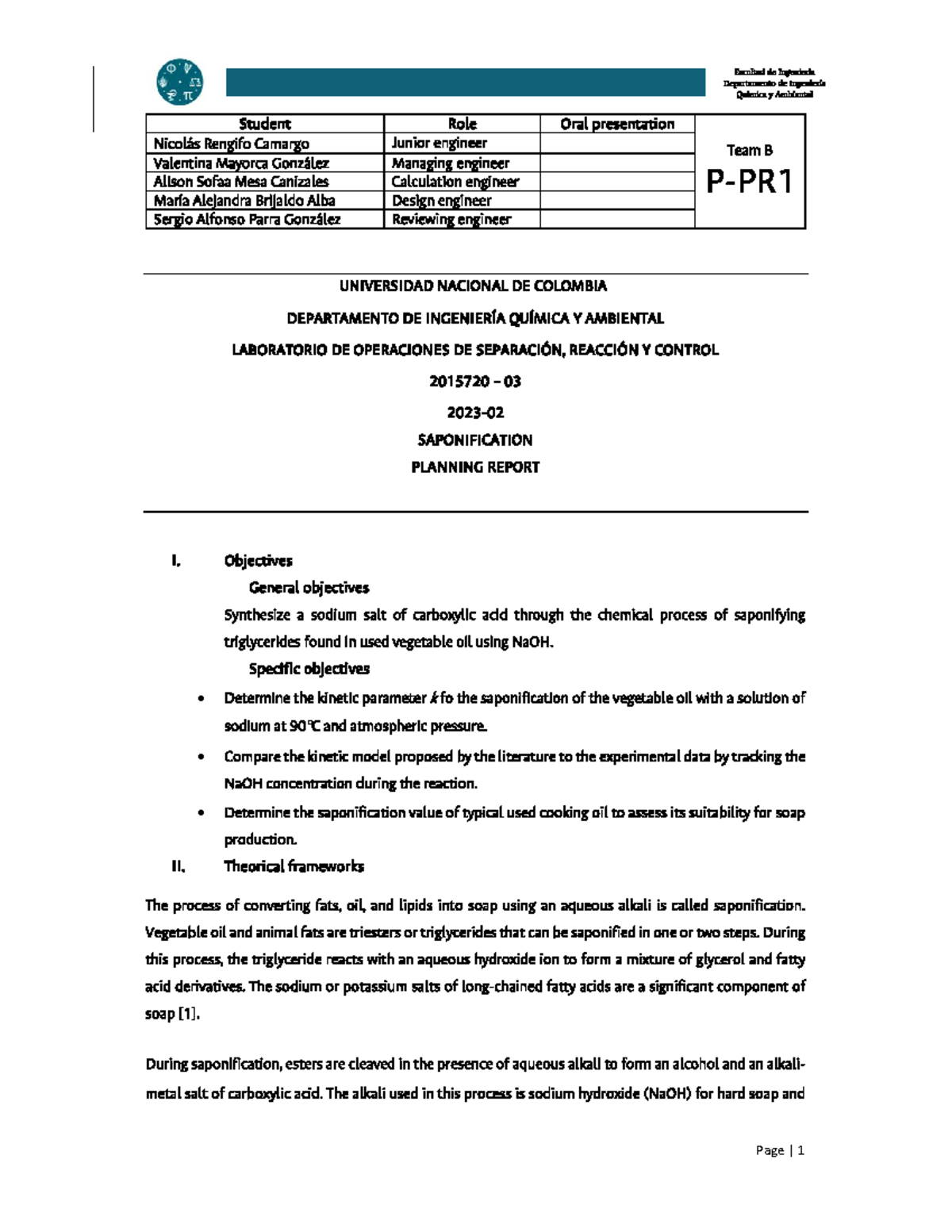 P - PR1 - B - preinforme - ° The general reaction, using NaOH (applied ...