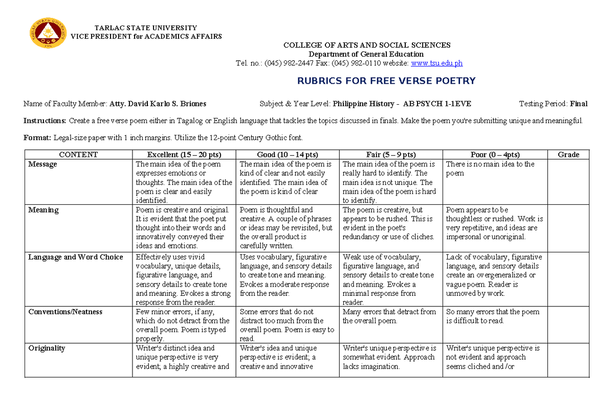 Poetry Rubics STEM - TARLAC STATE UNIVERSITY VICE PRESIDENT for ...