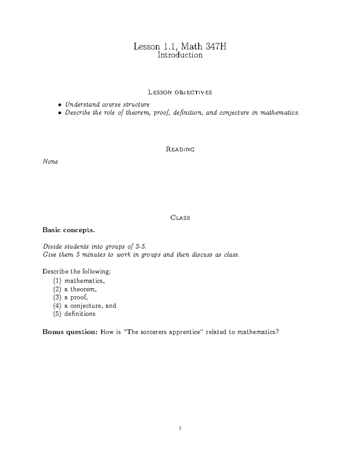 Lesson 1 - idk - Lesson 1, Math 347H Introduction Lesson objectives ...