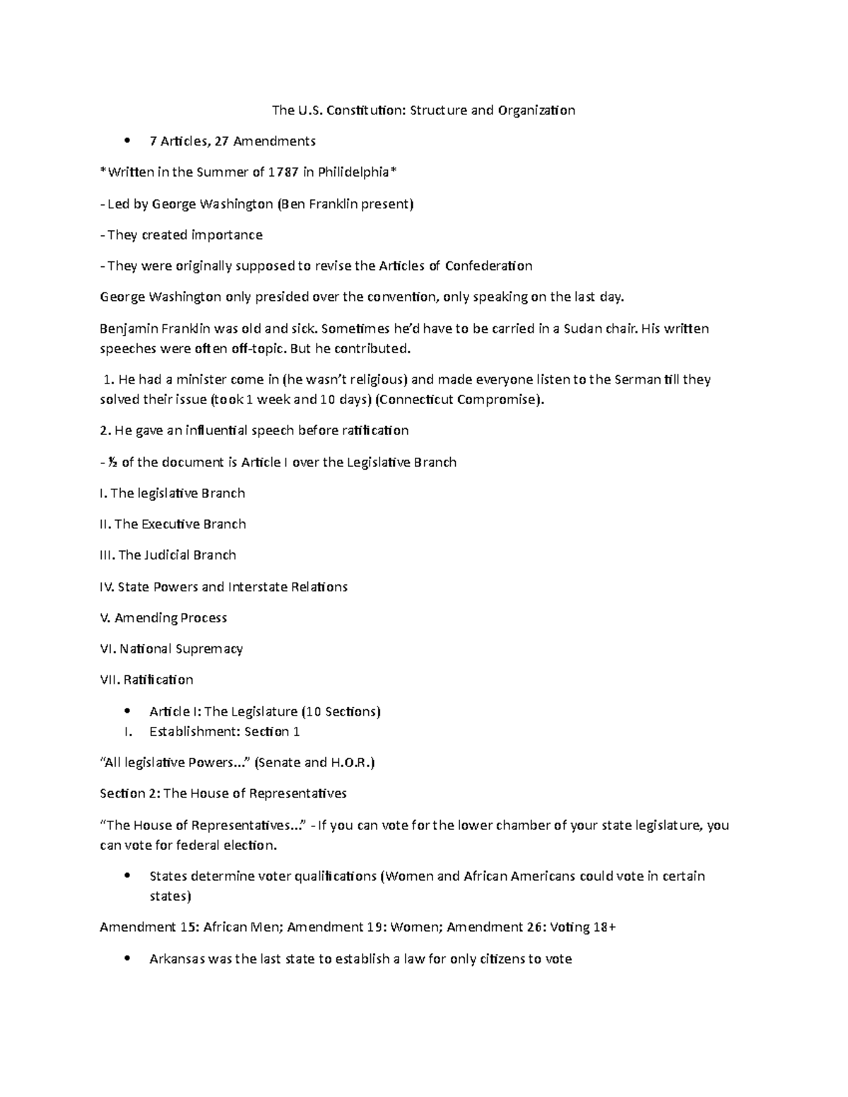 Poli Sci 1100 Aug 29 Lecture Notes - The U. Constitution: Structure and ...