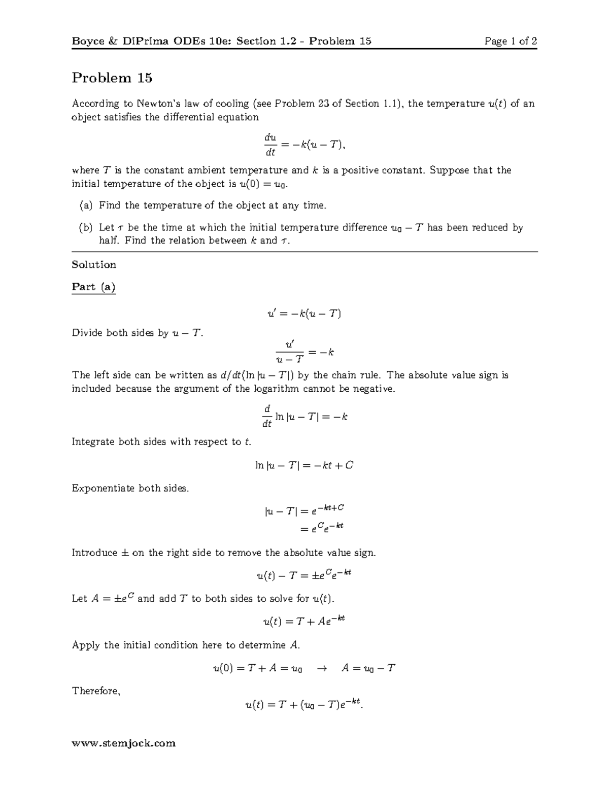 Q2 Answer - Boyce & DiPrima ODEs 10e: Section 1 - Problem 15 Page 1 of ...