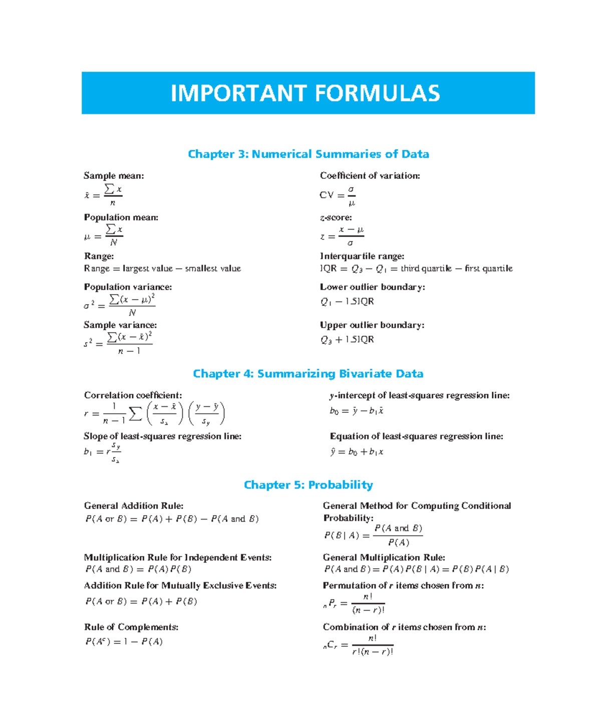 Navidi Formulas - Formula sheet for practice before test. - IMPORTANT ...