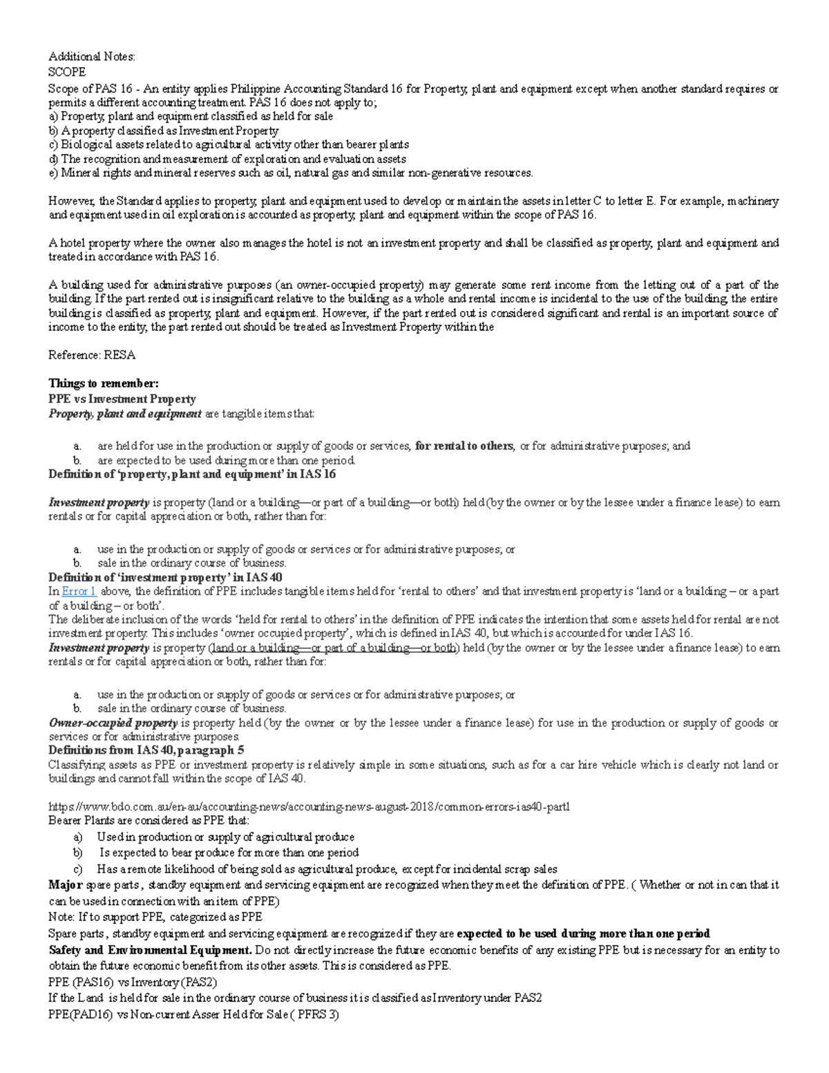 PPE additional Notes Review - Additional Notes: SCOPE Scope of PAS 16 ...