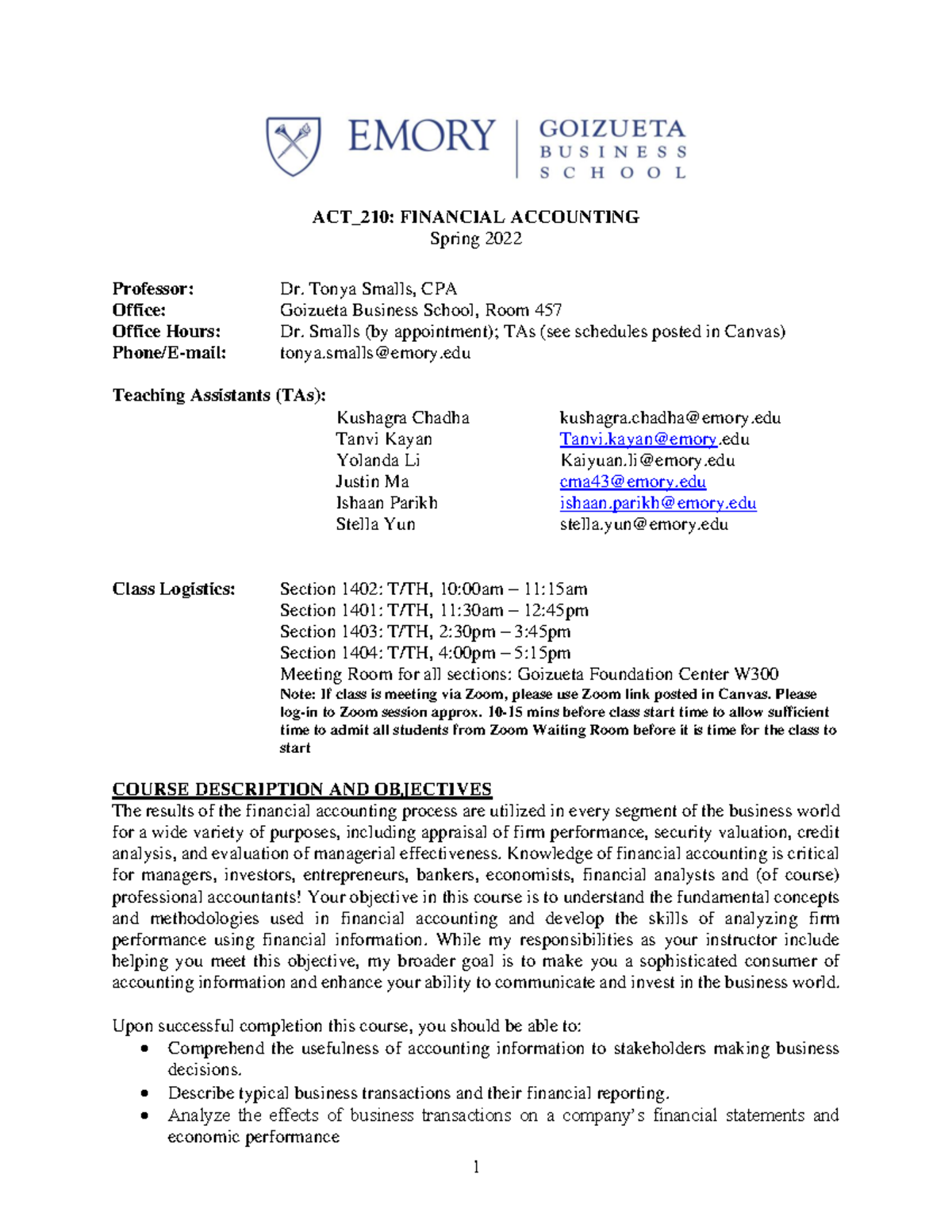 ACT-210 Syllabus - ACT_210: FINANCIAL ACCOUNTING Spring 2022 Professor ...