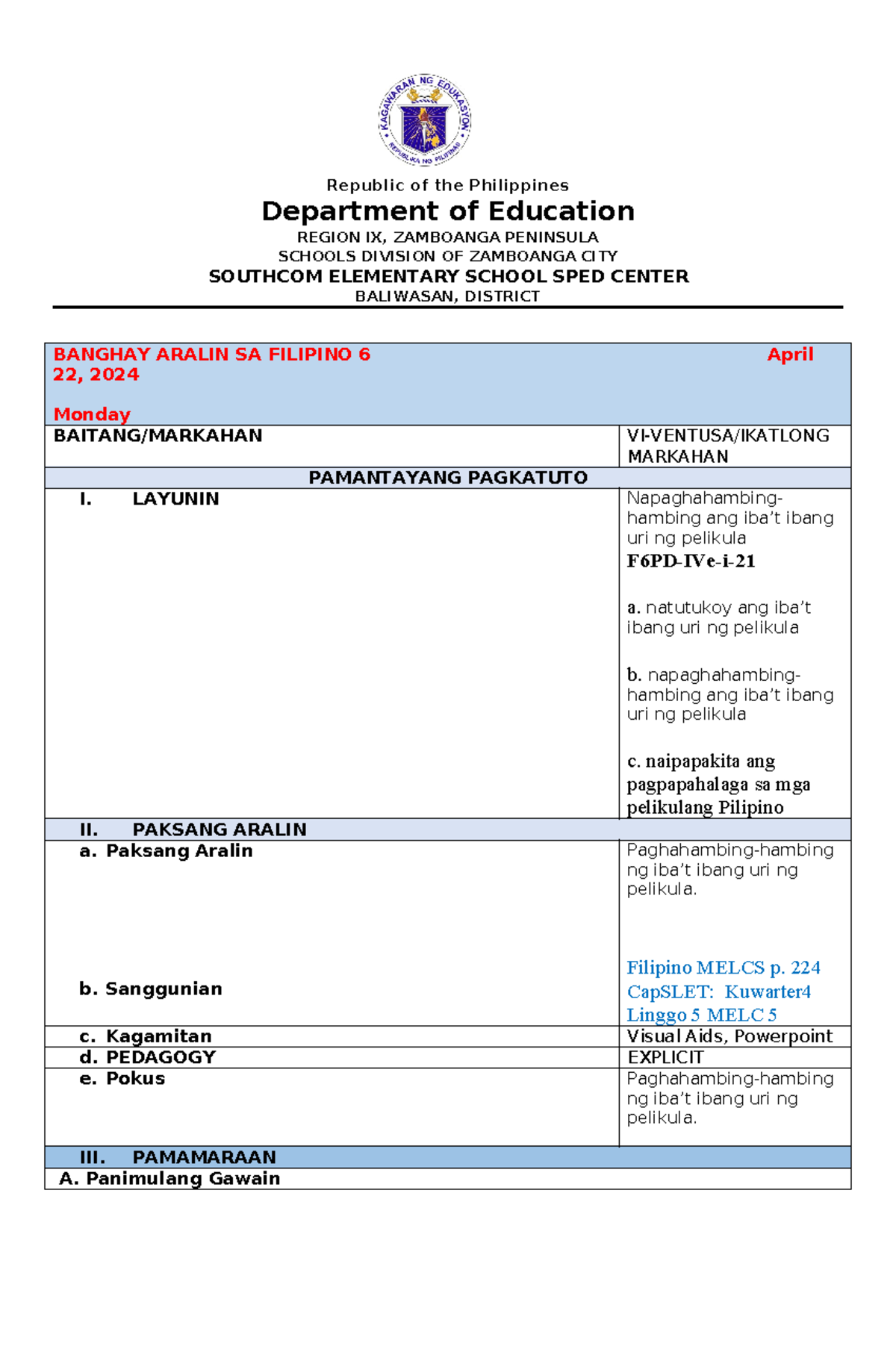 LESSON PLAN ON IBA'T- Ibang URI NG Pelikula - Republic of the ...