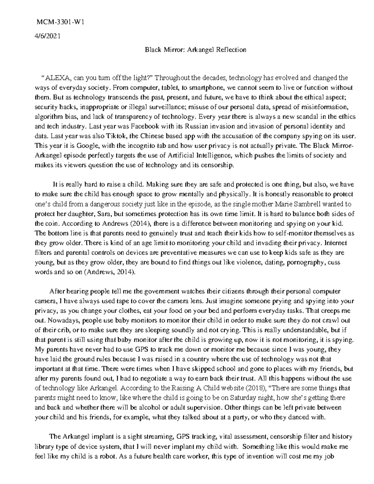 Black Mirror Arkangel Reflection paper - MCM-3301-W 4/6/ Black Mirror ...