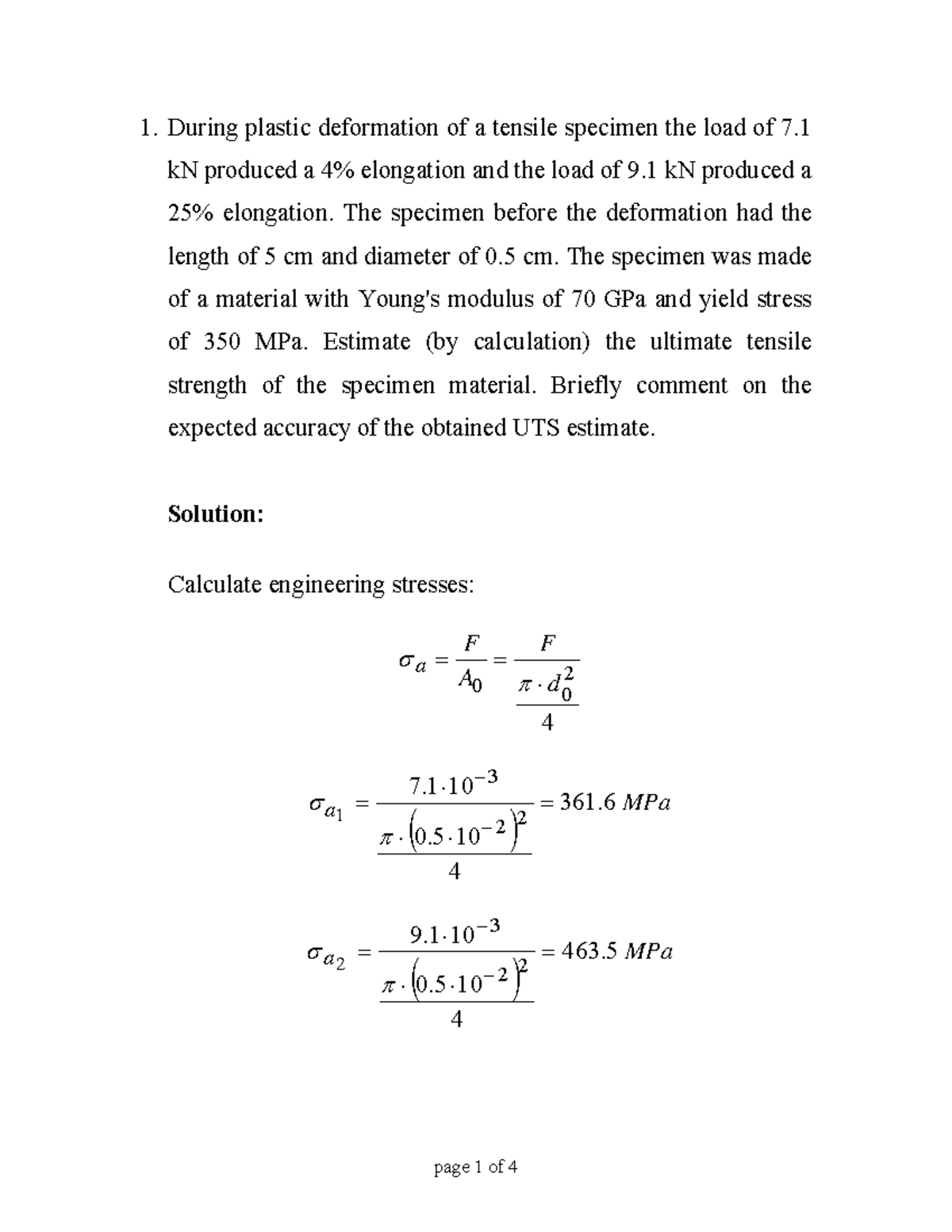 Example 3 - During plastic deformation of a tensile specimen the load ...