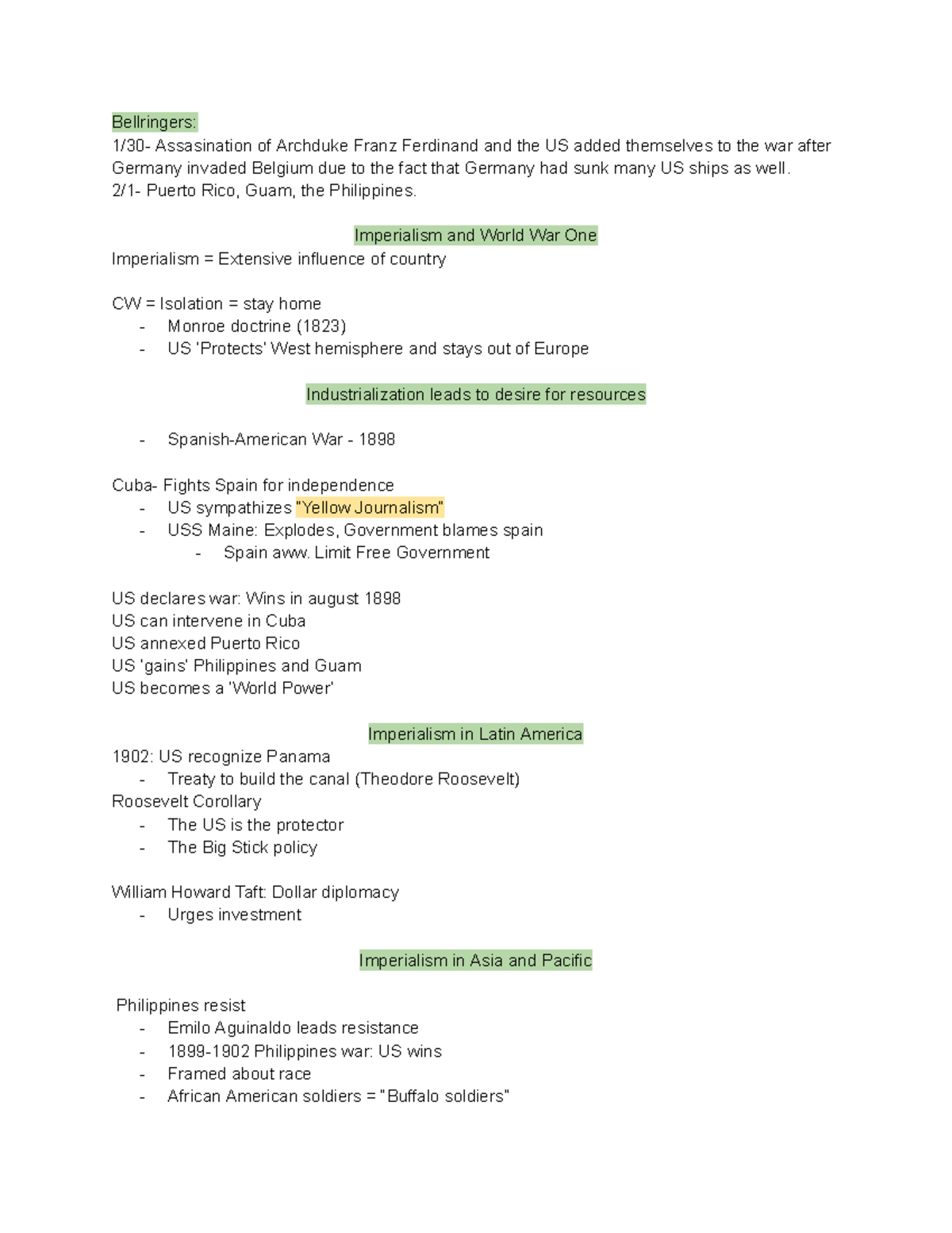 History Unit 10 - notes - Bellringers: 1/30- Assasination of Archduke ...
