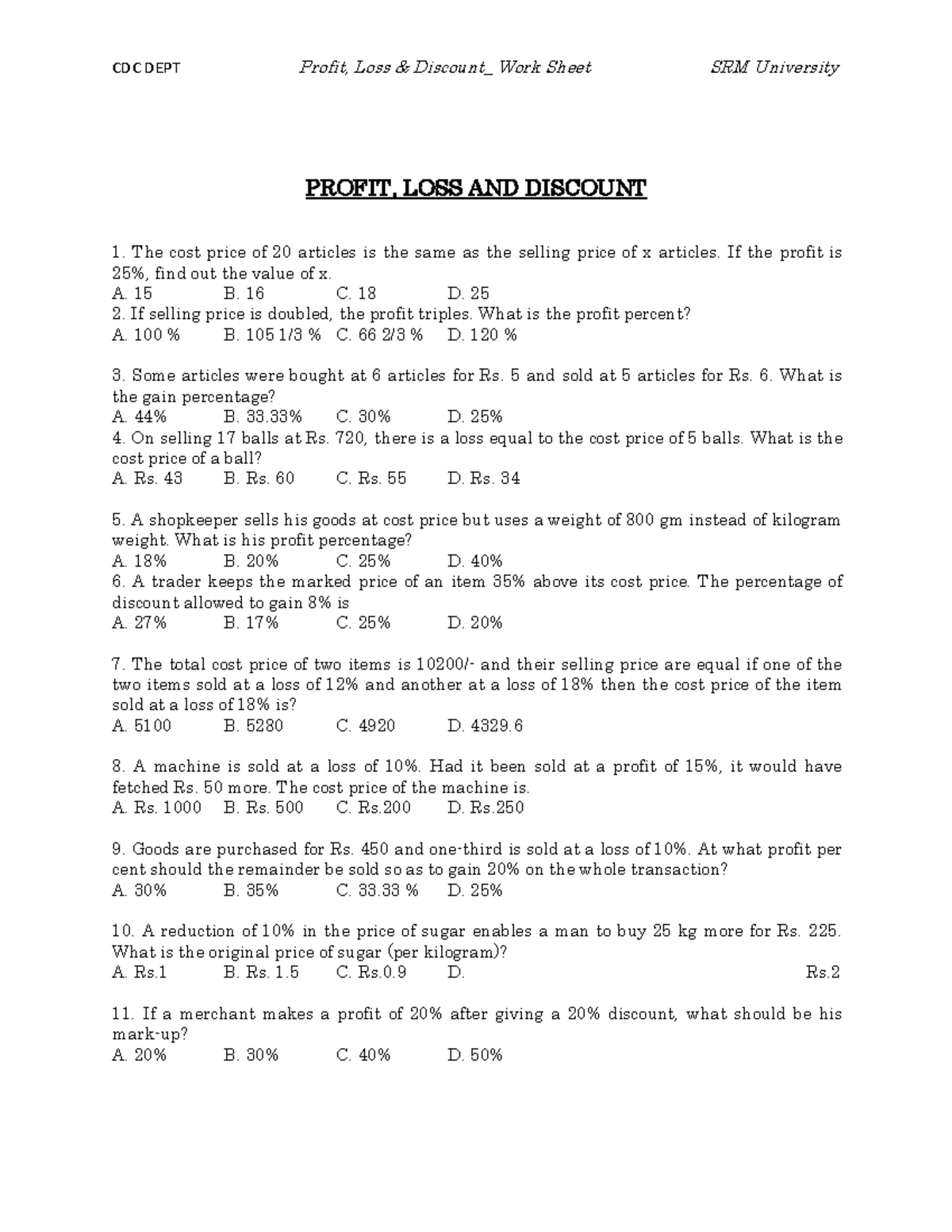 Profit,Loss Discount Worksheet - CDC DEPT Profit, Loss & Discount_ Work ...