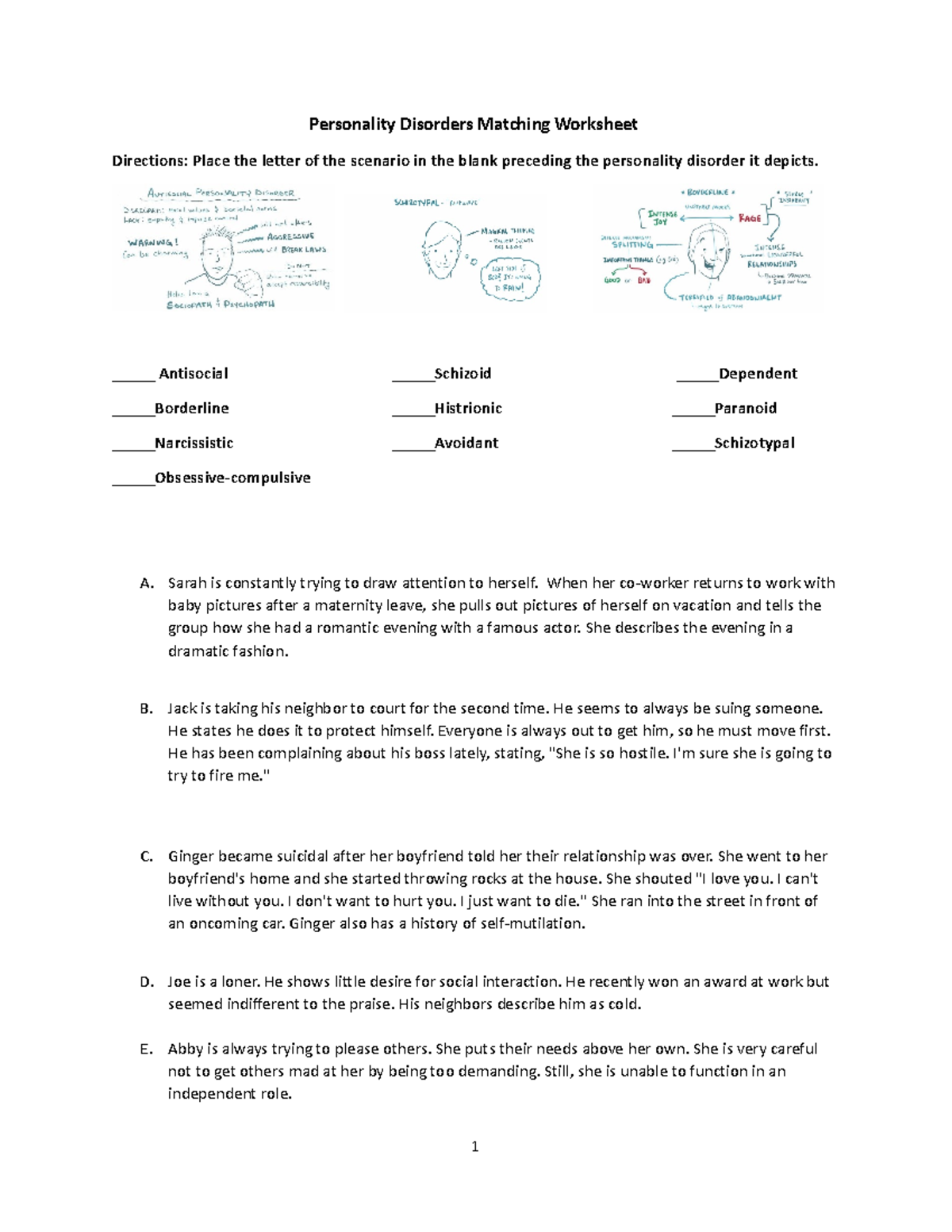 Personality Disorders Matching Worksheet - Personality Disorders ...