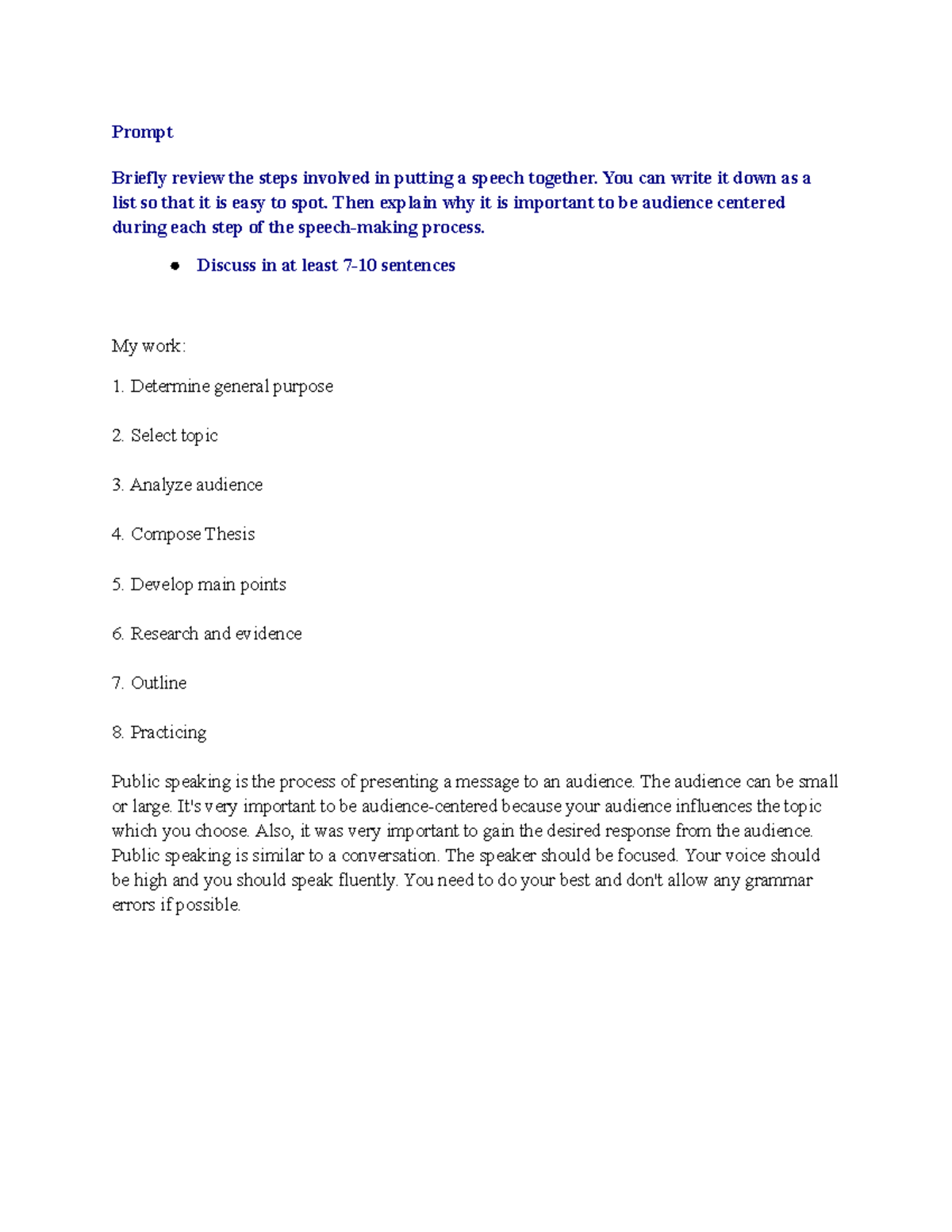 Discussion Steps to Preparing a Speech - Prompt Briefly review the ...