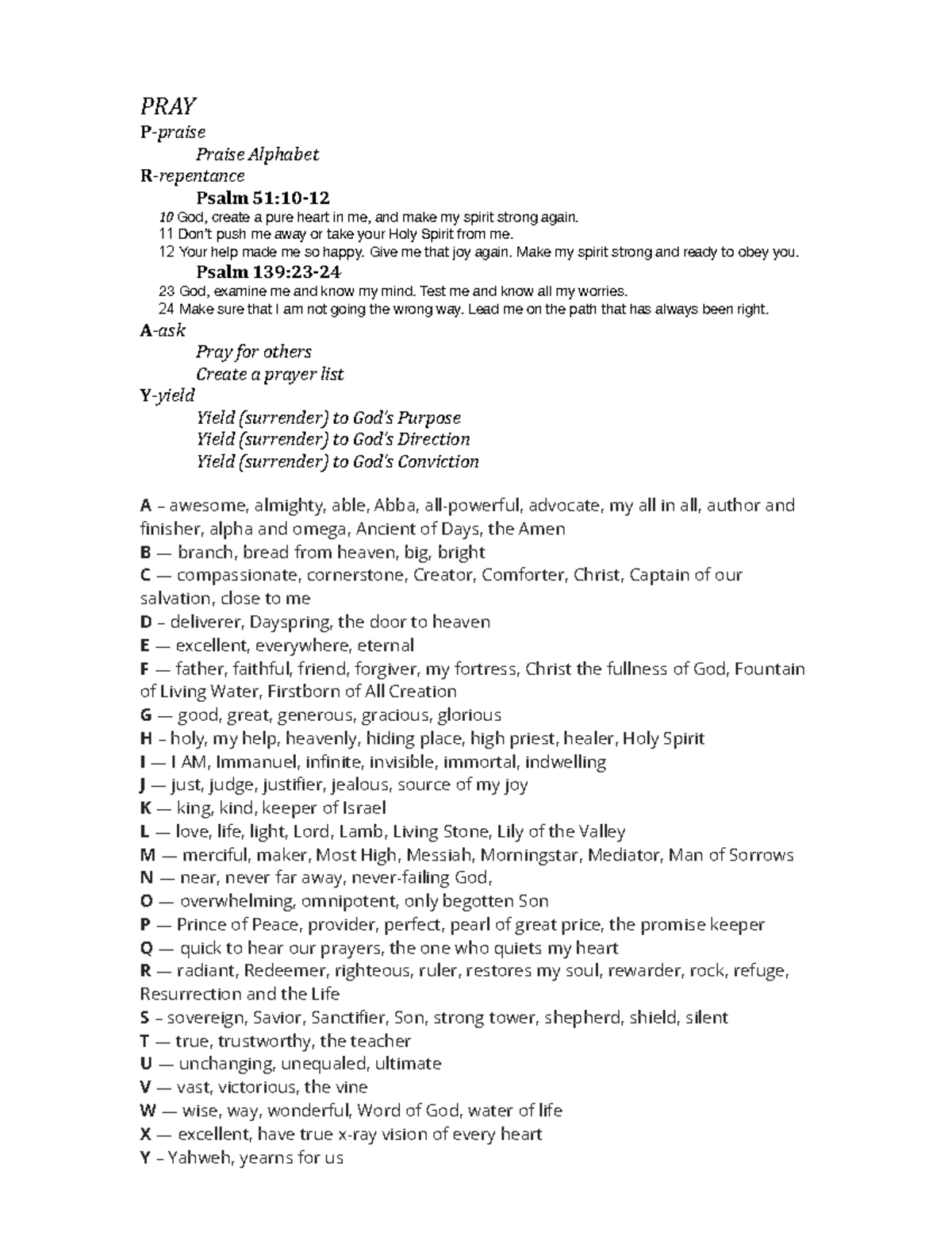 Prayer guideline - PRAY P-praise Praise Alphabet R-repentance Psalm 51: ...