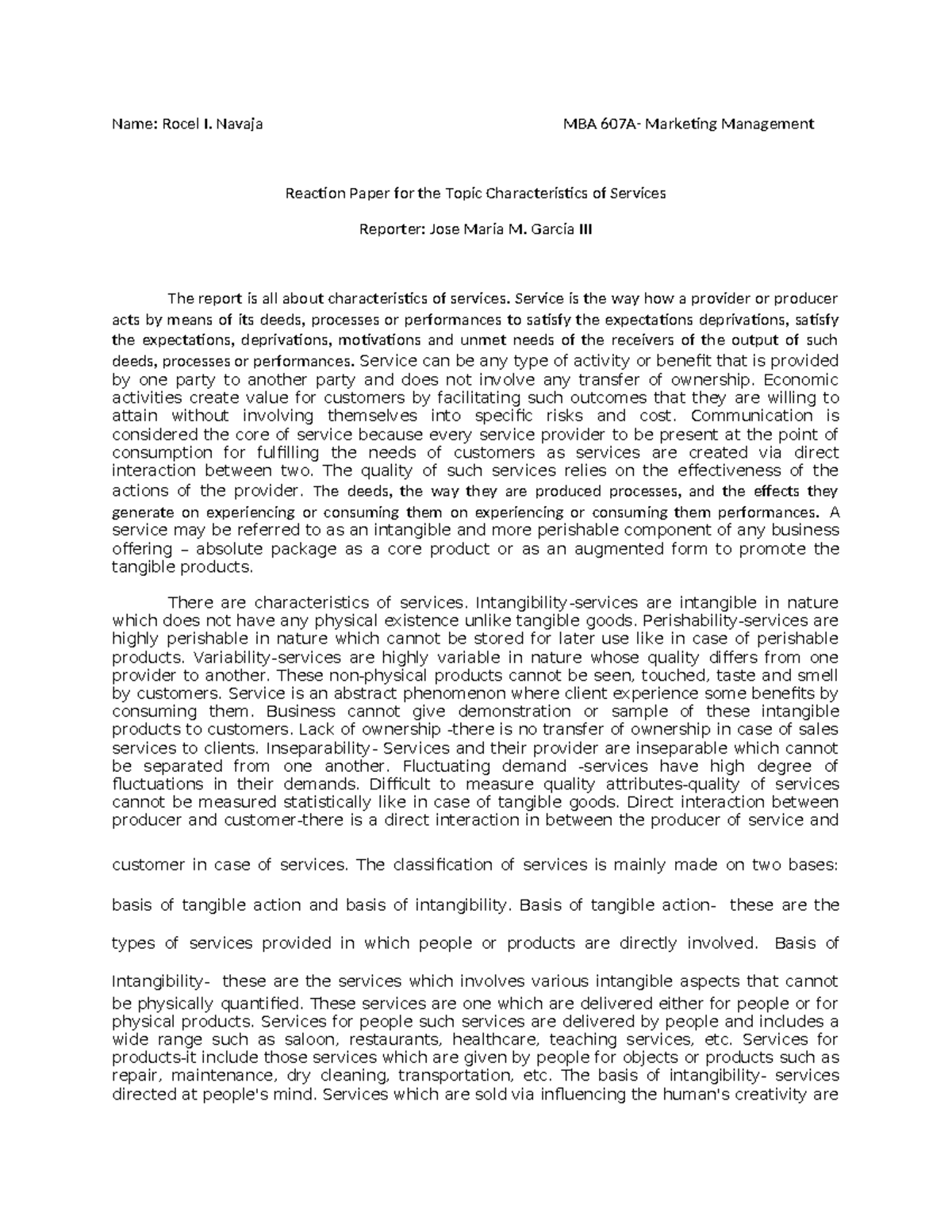 Characteristics of Services Reaction Paper - Name: Rocel I. Navaja MBA ...