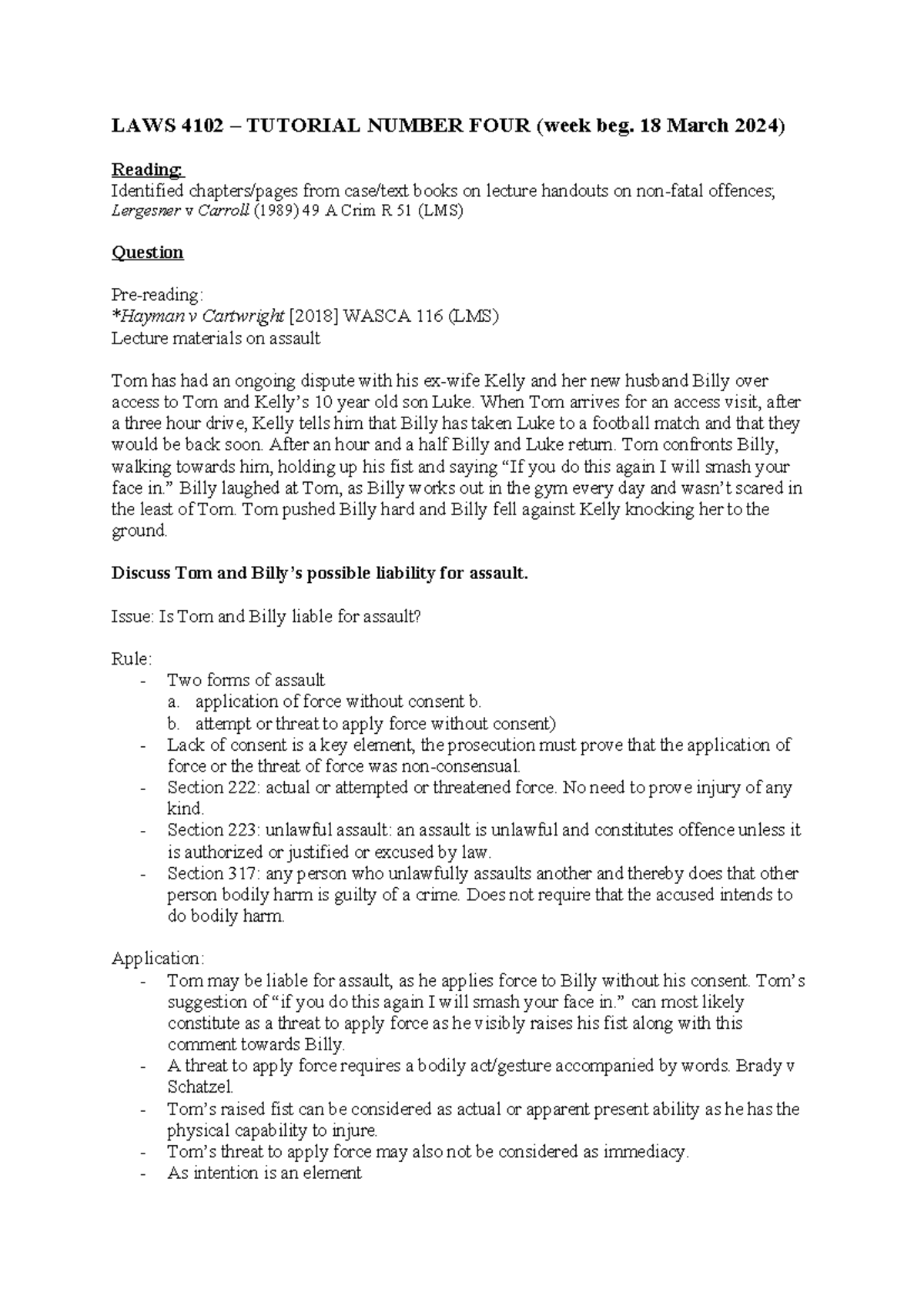 LAWS4102 tutorial 4 week beg. March 18 2024 - LAWS 4102 – TUTORIAL ...