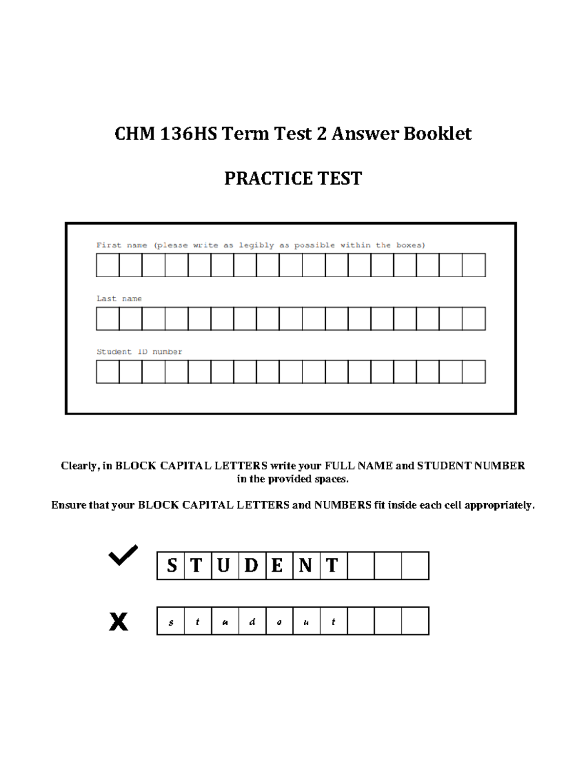 CHM136 H Winter 2024 TT2 Practice TEST answer sheet (model answers ...