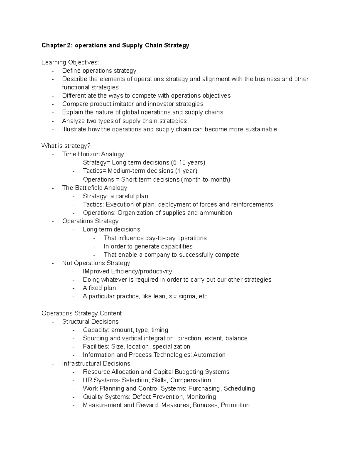 SCO Chapter 1 and 2 Notes - Chapter 2: operations and Supply Chain ...