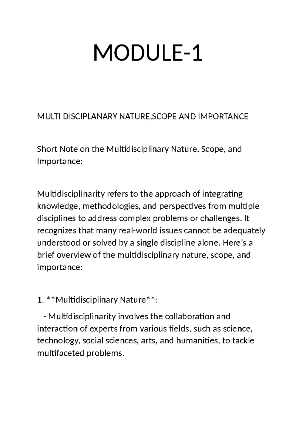 EVS - evs - MODULE- MULTI DISCIPLANARY NATURE,SCOPE AND IMPORTANCE ...