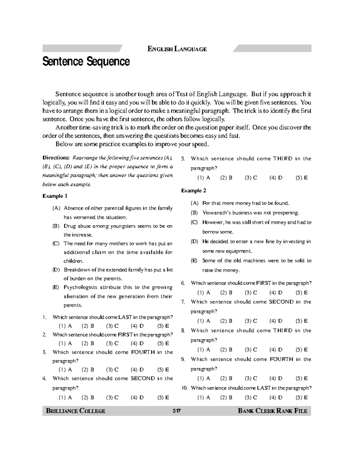 English Practice test- Sentence Sequence - ENGLISH LANGUAGE BRILLIANCE ...