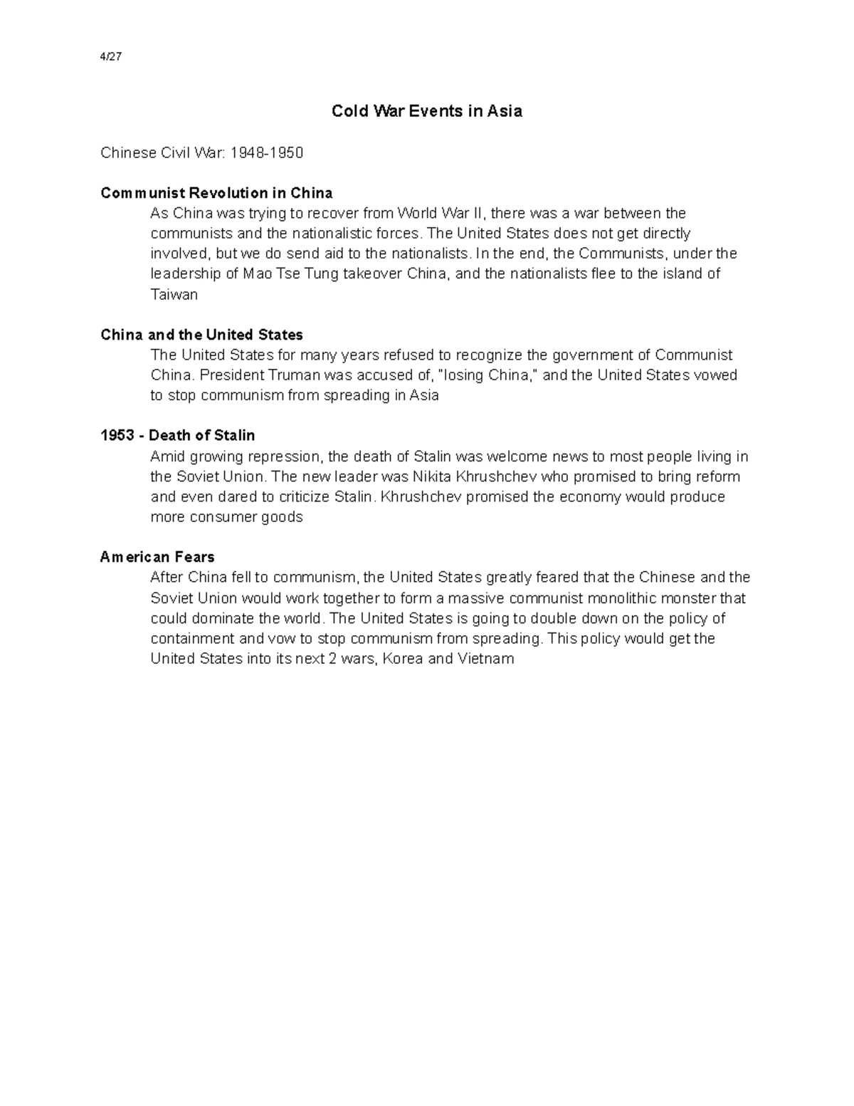 Cold War Events in Asia - Lecture notes on Cold War in Asia. Class ...