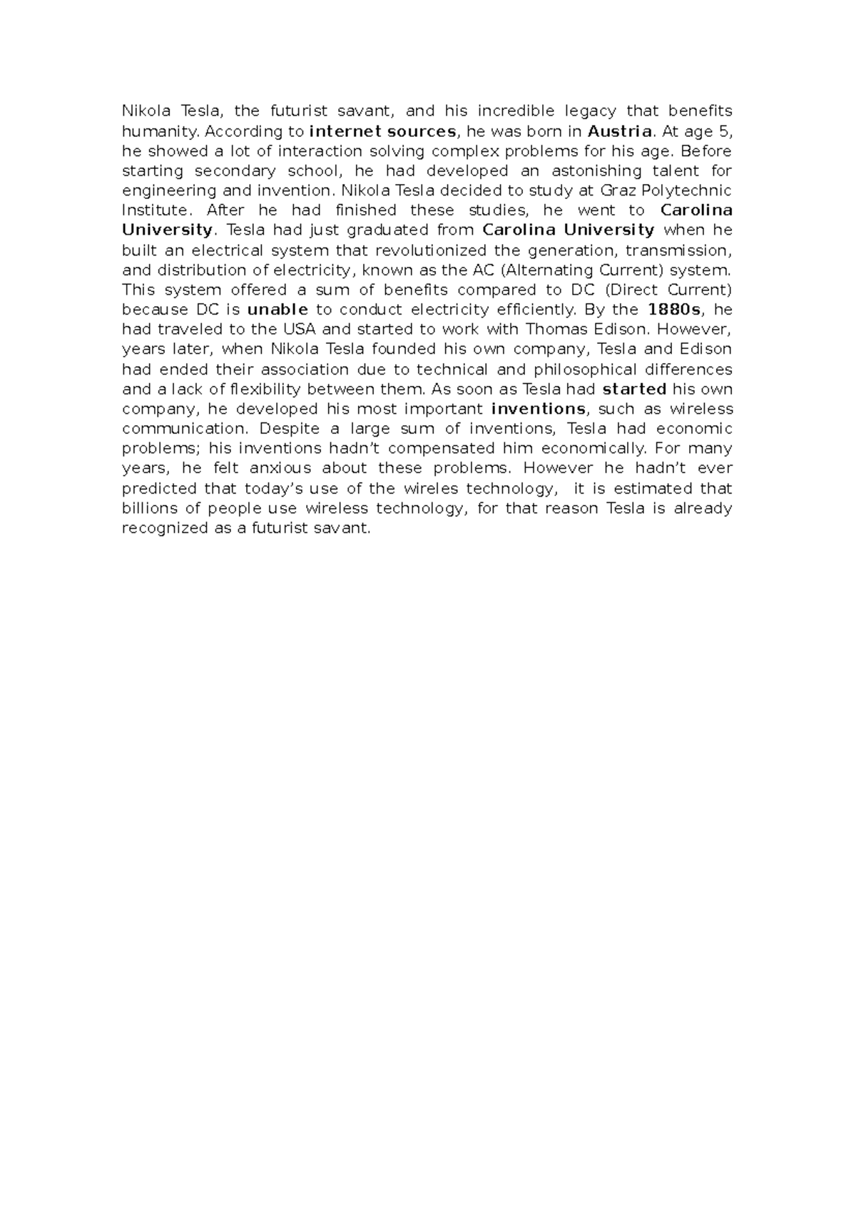 My Writting 1 - Writing 1 de ADv10 - Nikola Tesla, the futurist savant ...