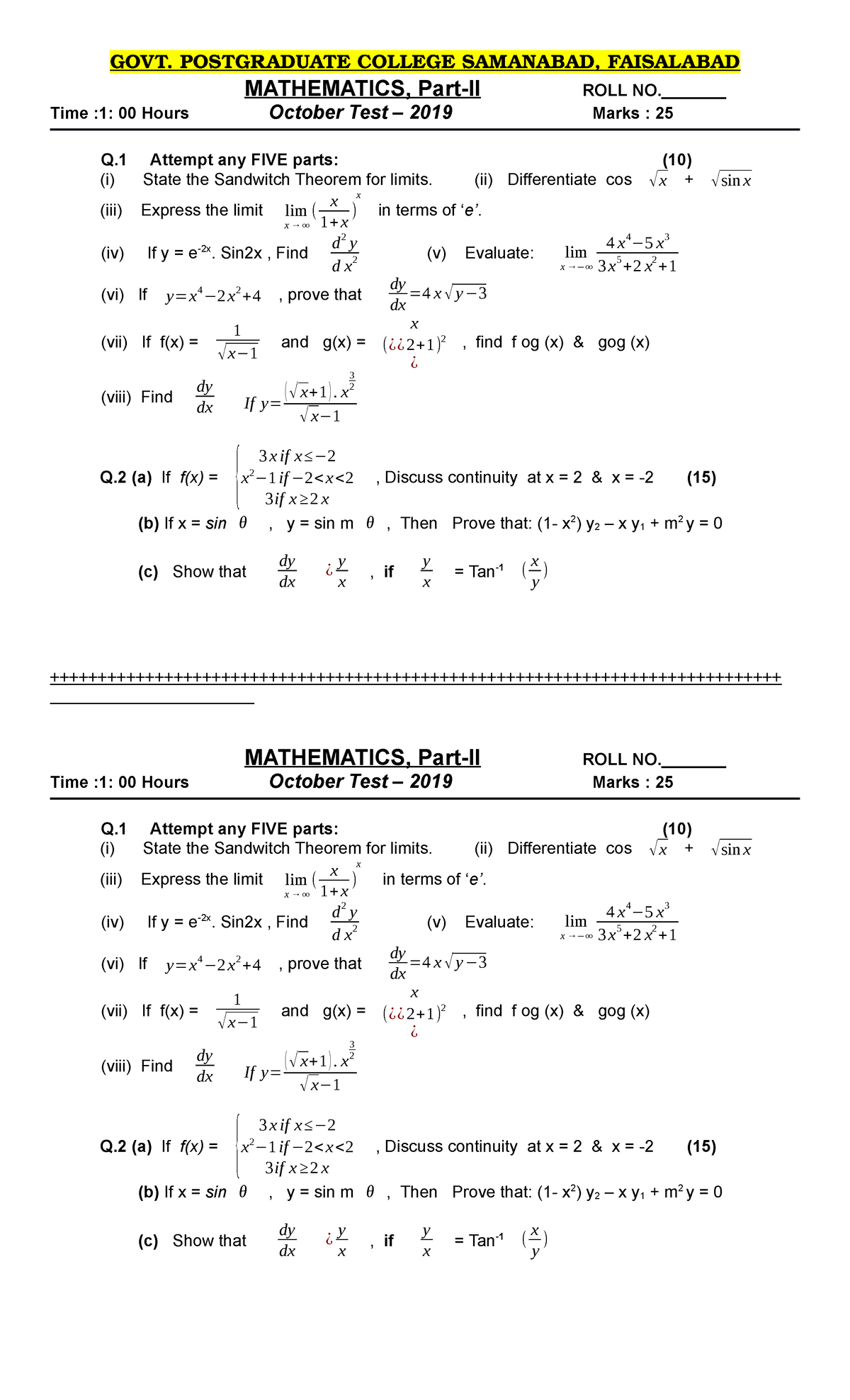 Exam 18 November 2019, questions - GOVT. POSTGRADUATE COLLEGE SAMANABAD ...