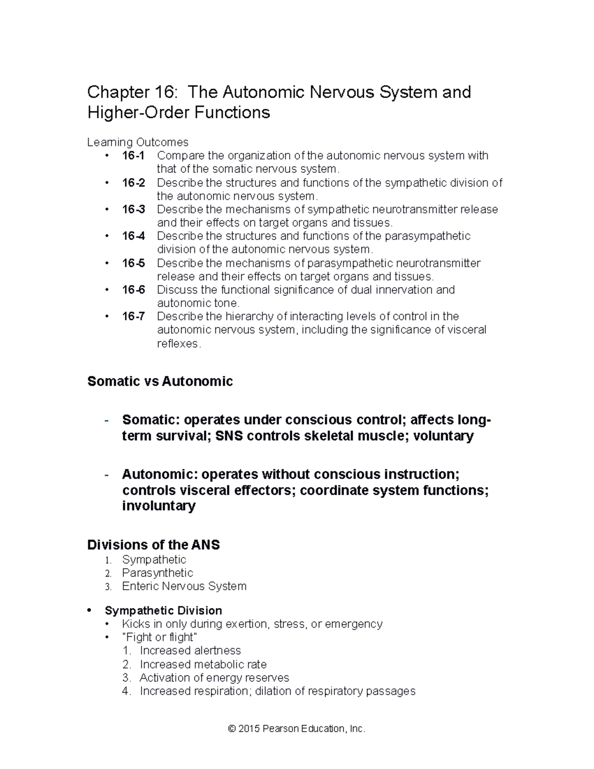 BIOL-286 Chapter 16 ANS and Higher-Order Functions - Chapter 16: The Autonomic Nervous System ...