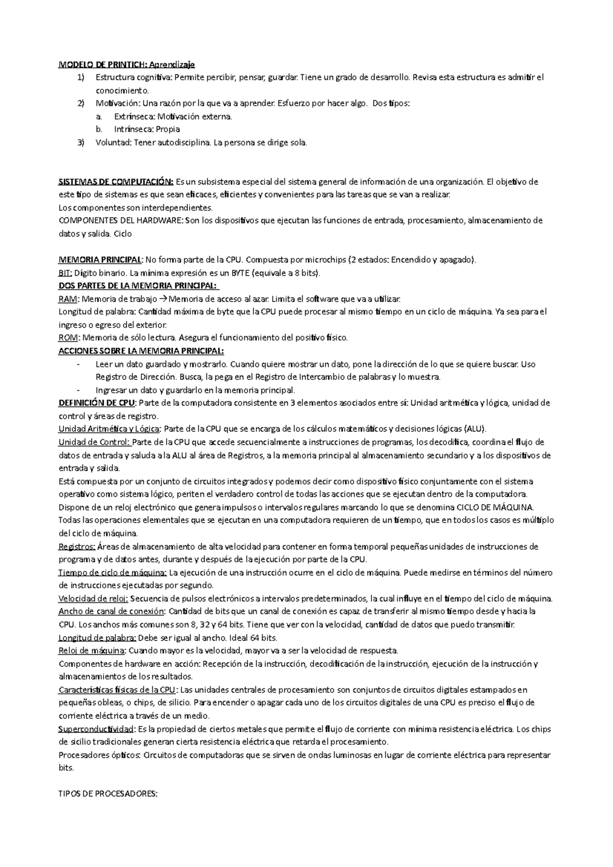 1º Parcial Sistemas de Información - MODELO DE PRINTICH: Aprendizaje 1) Estructura cognitiva ...