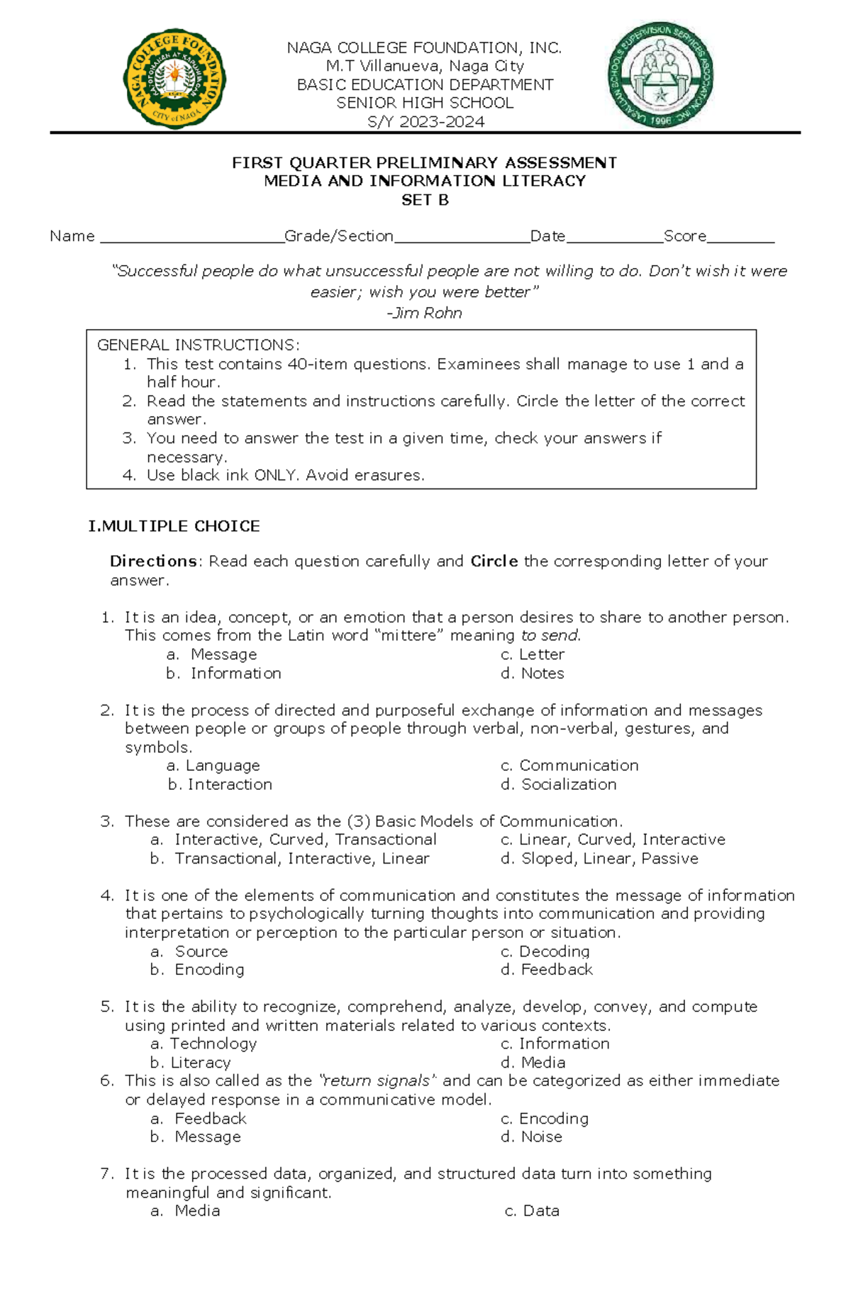 MIL SETB - aaaaaaaaaaaaaaaa - NAGA COLLEGE FOUNDATION, INC. M ...