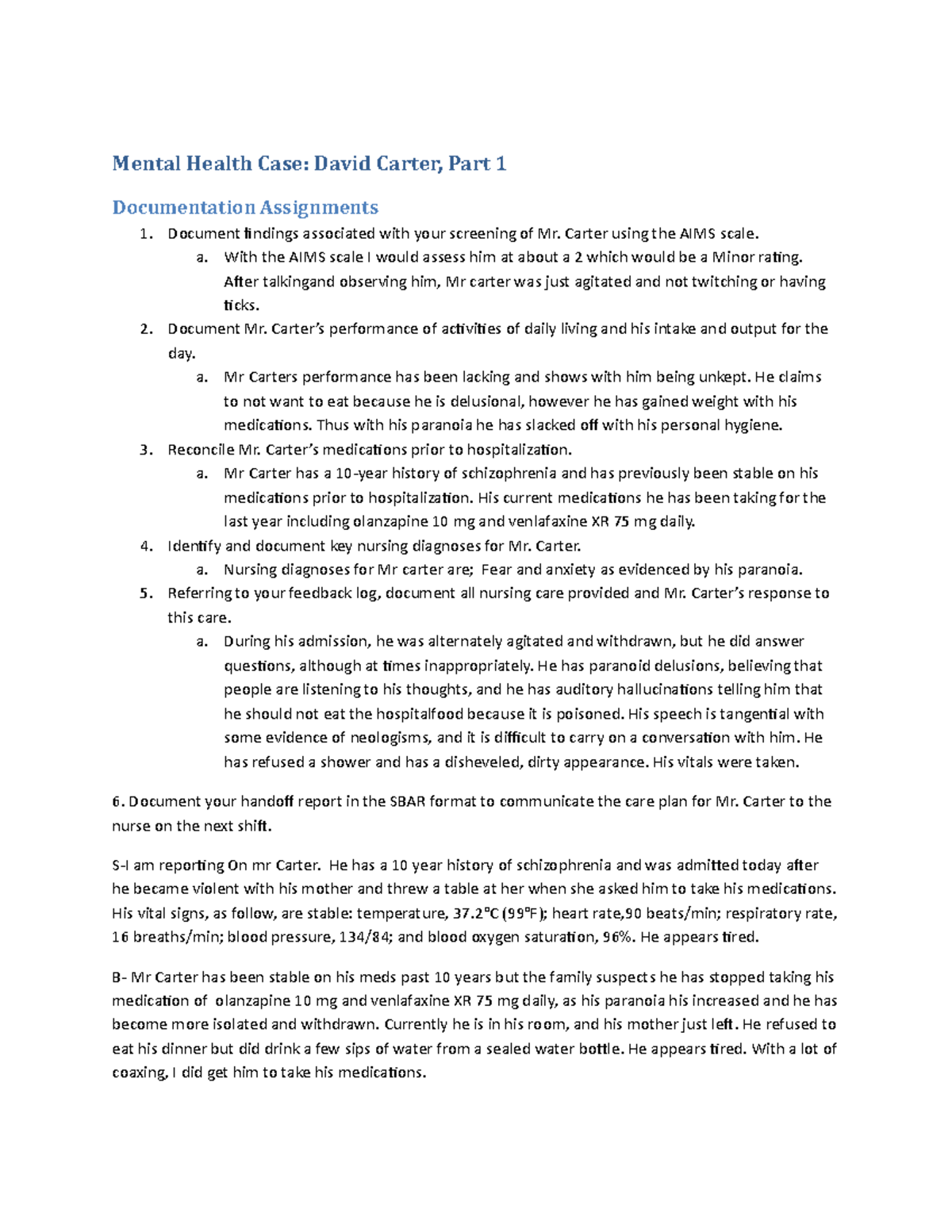Mental Health David Carter Part 1 DA - Mental Health Case: David Carter, Part 1 Documentation ...