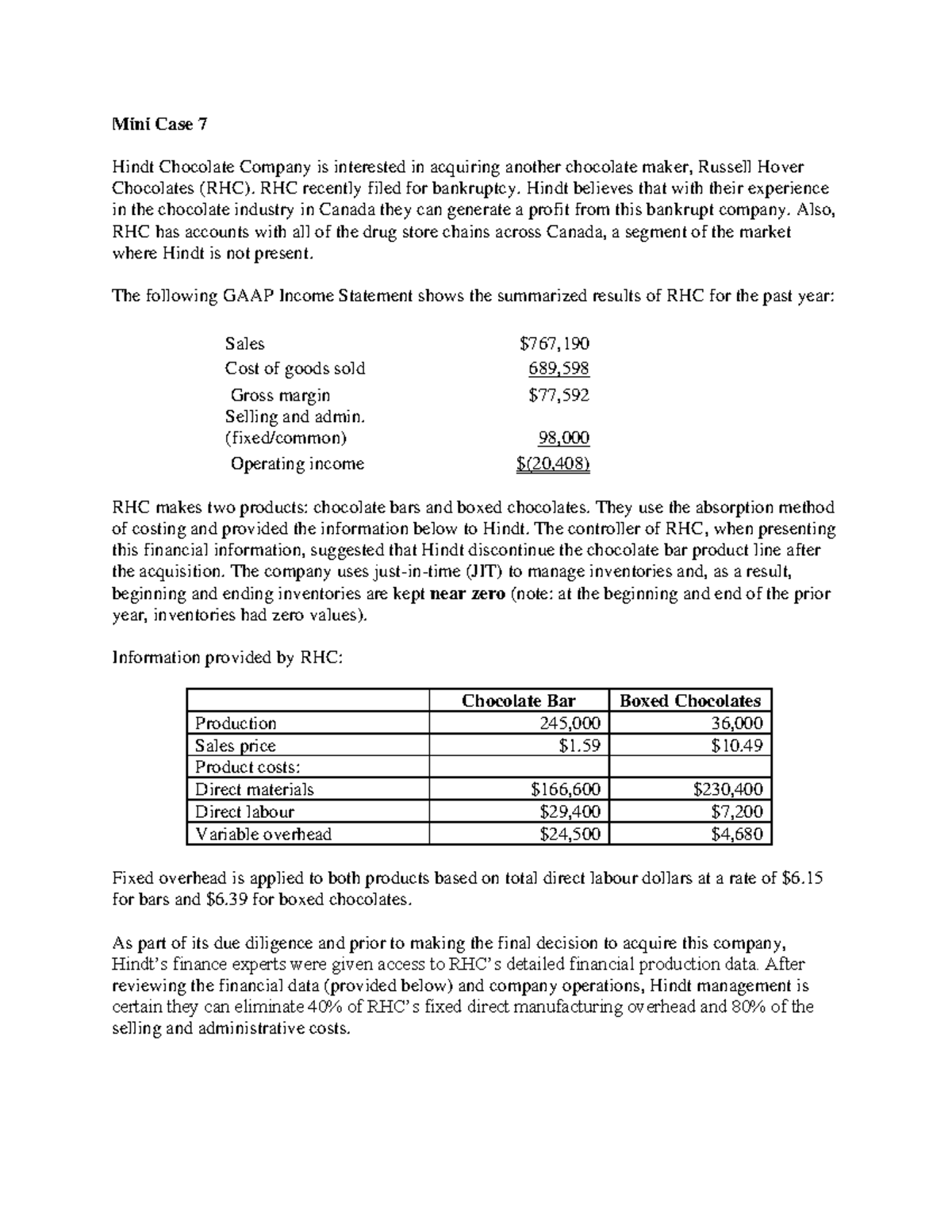 Mini Case 7 Intro management accounting - Mini Case 7 Hindt Chocolate ...
